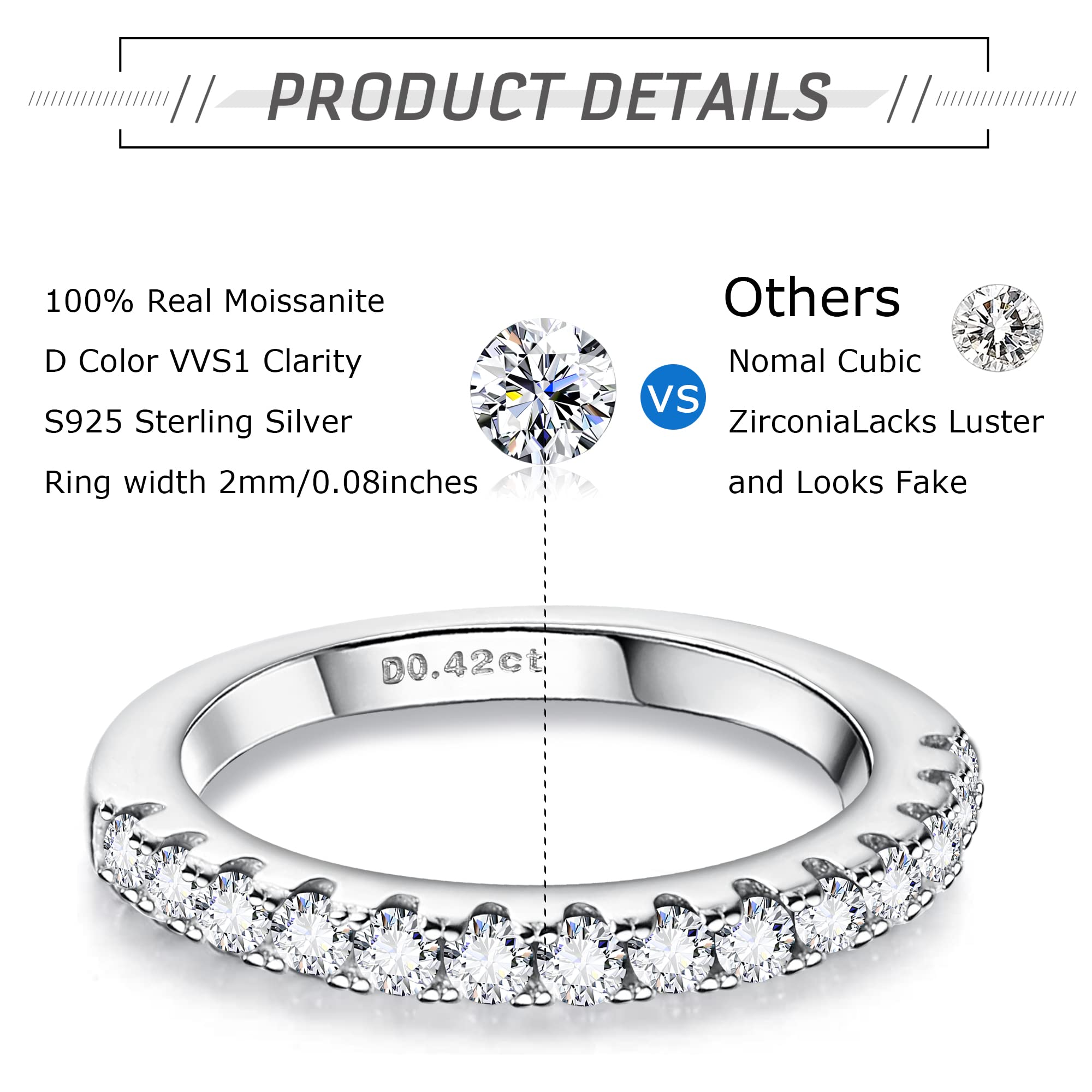Moissanite Wedding Band Ring, 0.42 ct D Color VVS1 Lab Created Diamond Half Eternity Rings, 18K White Gold Plated 925 Sterling Silver Stackable Ring for Women Size 5-11