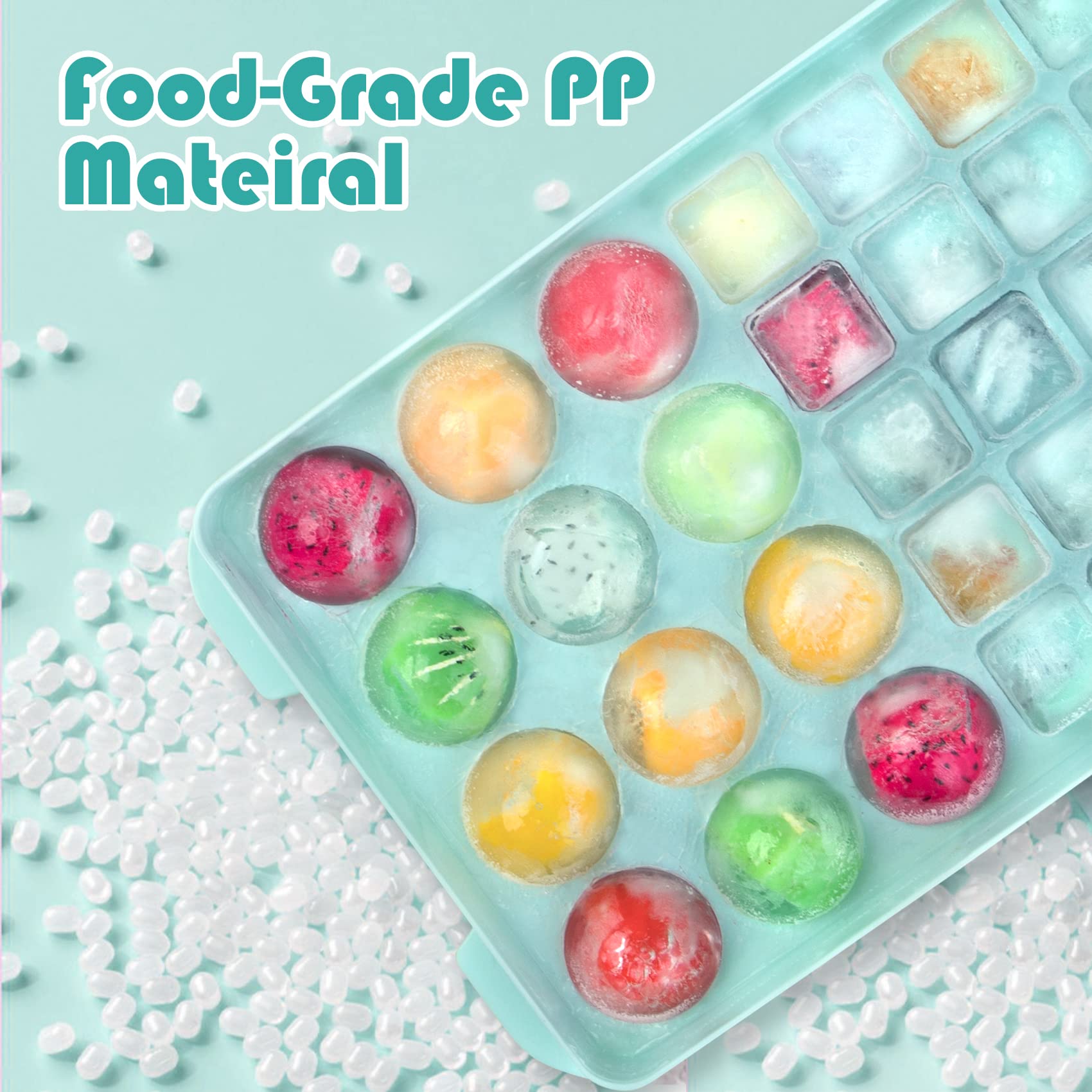 Korlon Ice Trays for Freezer with Lid and Bin, 64 PCS Ice Cube Trays, Round Ice Cube Molds & Square Container for Making Cocktail Whiskey Tea & Coffee