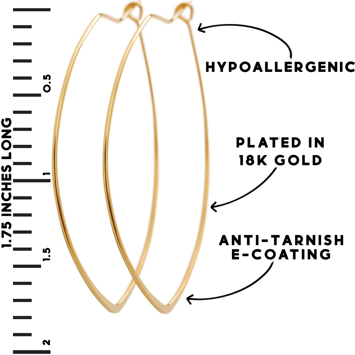 Humble Chic Geometric Marquise Threader Hoops - Hypoallergenic 18K Gold Plated Medium Hoop Earrings for Women - Lightweight Oval Leaf Elliptical Loop Statement Drop Dangles, 1.75" inch - 18K Yellow