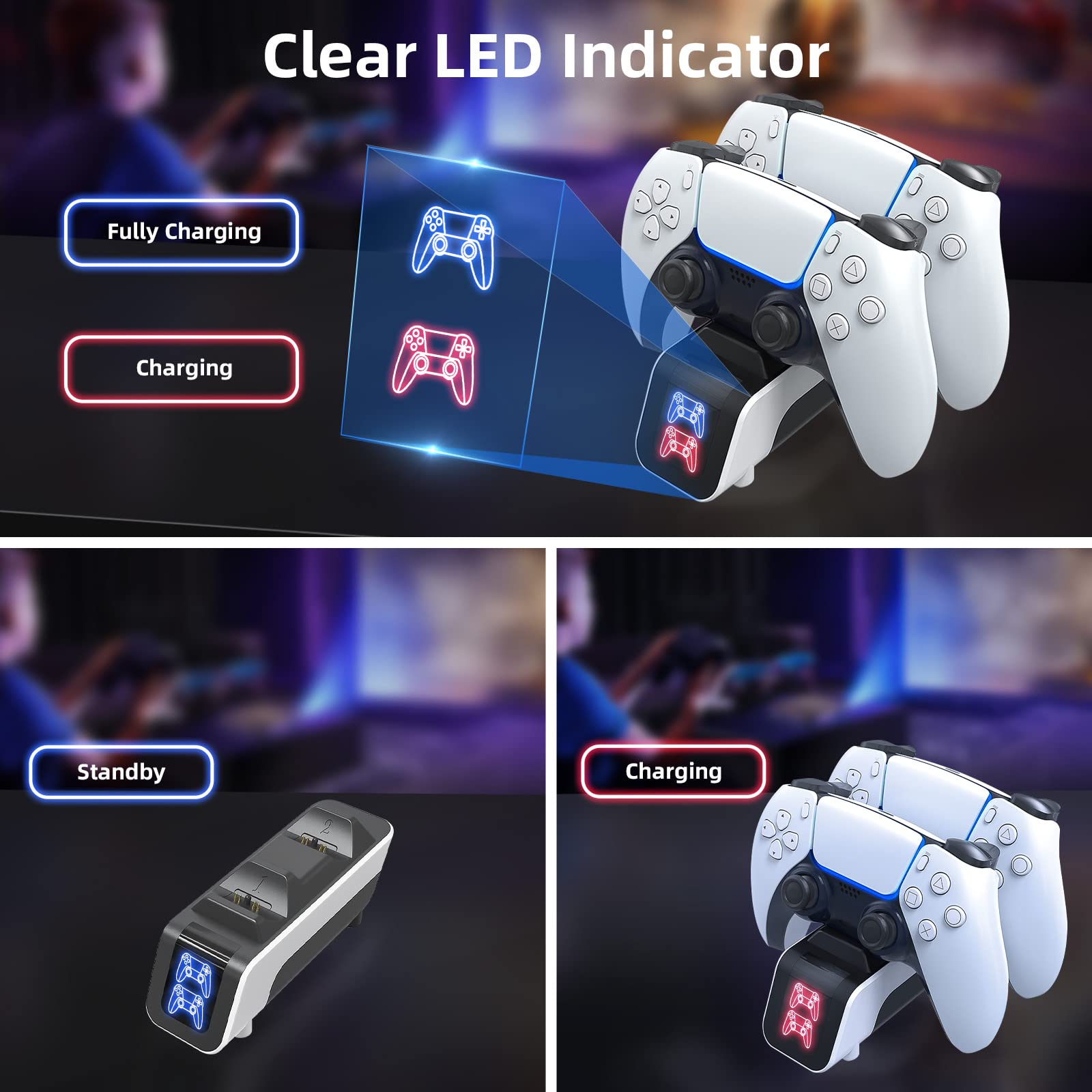 PS5 Controller Charger Station with Dual Charging Dock, 5V Fast Charging, PS5 Wireless Controller Charger Accessories for Playstation DualSense Wireless Controller