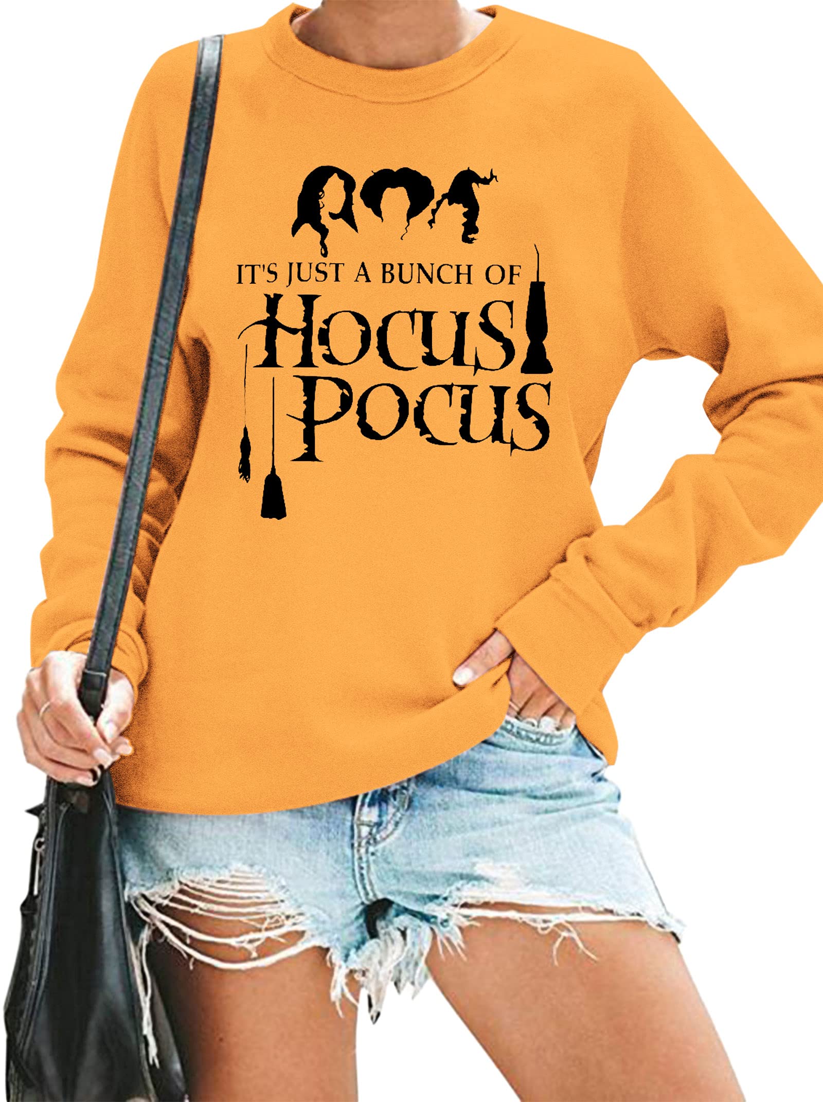 KIDDAD It's Just A Bunch of Hocus Pocus T-Shirt Women Halloween Sanderson Sisters Long Sleeve Crewneck Casual Pullover Tops Yellow