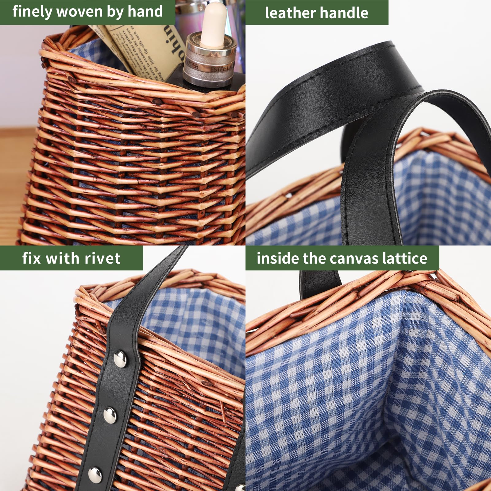 KINGWILLOW Wicker Trapezoidal Storage Basket Container with Handles, Small Organizer Box, Blue&White Lining