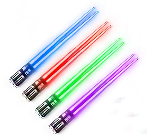 Lightsaber Chopsticks Light Up - LED Glowing Light Saber Chop Sticks - Reusable Sushi Lightup Sabers Chopstick Set Of 4 Pairs - 8 Changing Color Modes