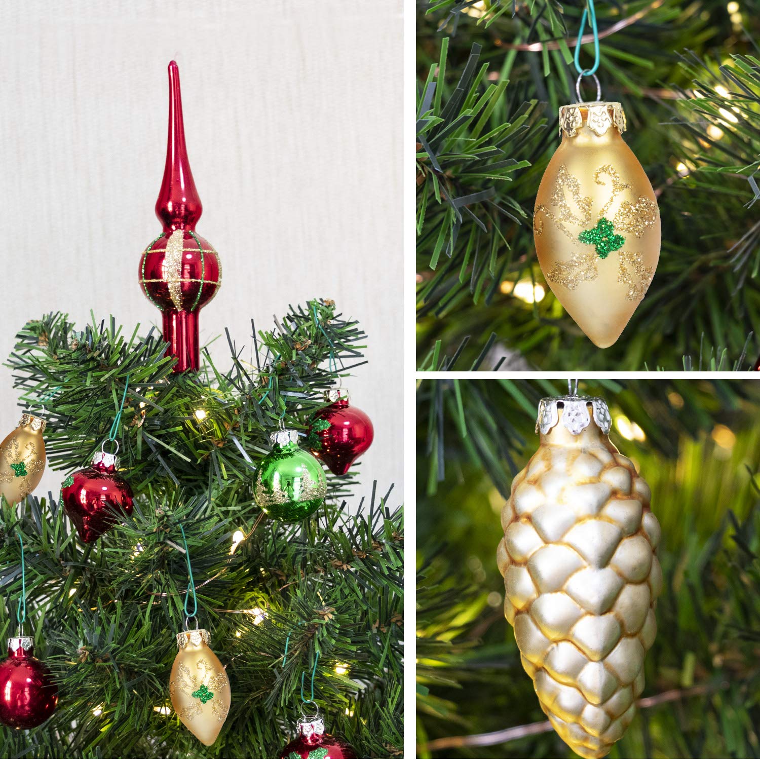 KINGYEE Miniature Ornaments and Tree Topper Christmas Mini Glass Tree Decorations Set of 15 for Tabletop Desktop Tree Wedding Centerpiece (Red Gold Green)