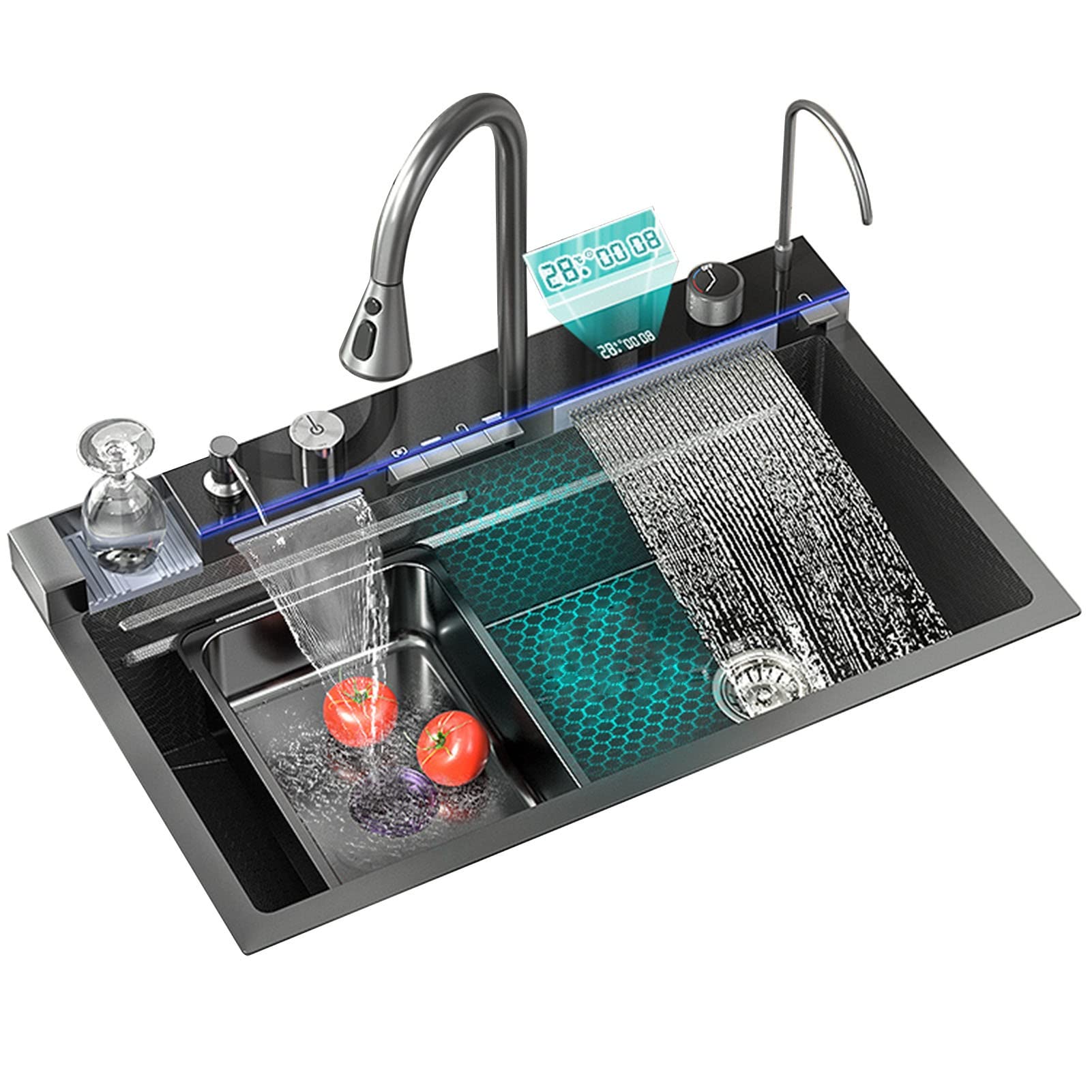 Kitchen Sink Digital Display Embossed Large Single Groove 304 Stainless Steel Nano Raindance Waterfall Sink with Pressurized Cup Washer and Two Waterfalls