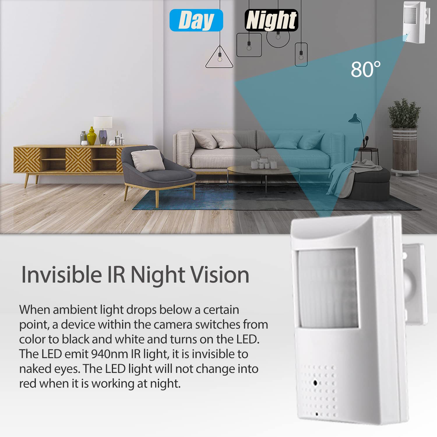 REVODATA 5MP PIR 940nm Invisible LED POE IP Camera Built in Micro Phone, 3.7mm Lens 80° IR Night Vision CCTV Indoor Security Camera,P2P H.265 Mini PIR Video Camera Motion Detection (IPIR-P-A-HS)