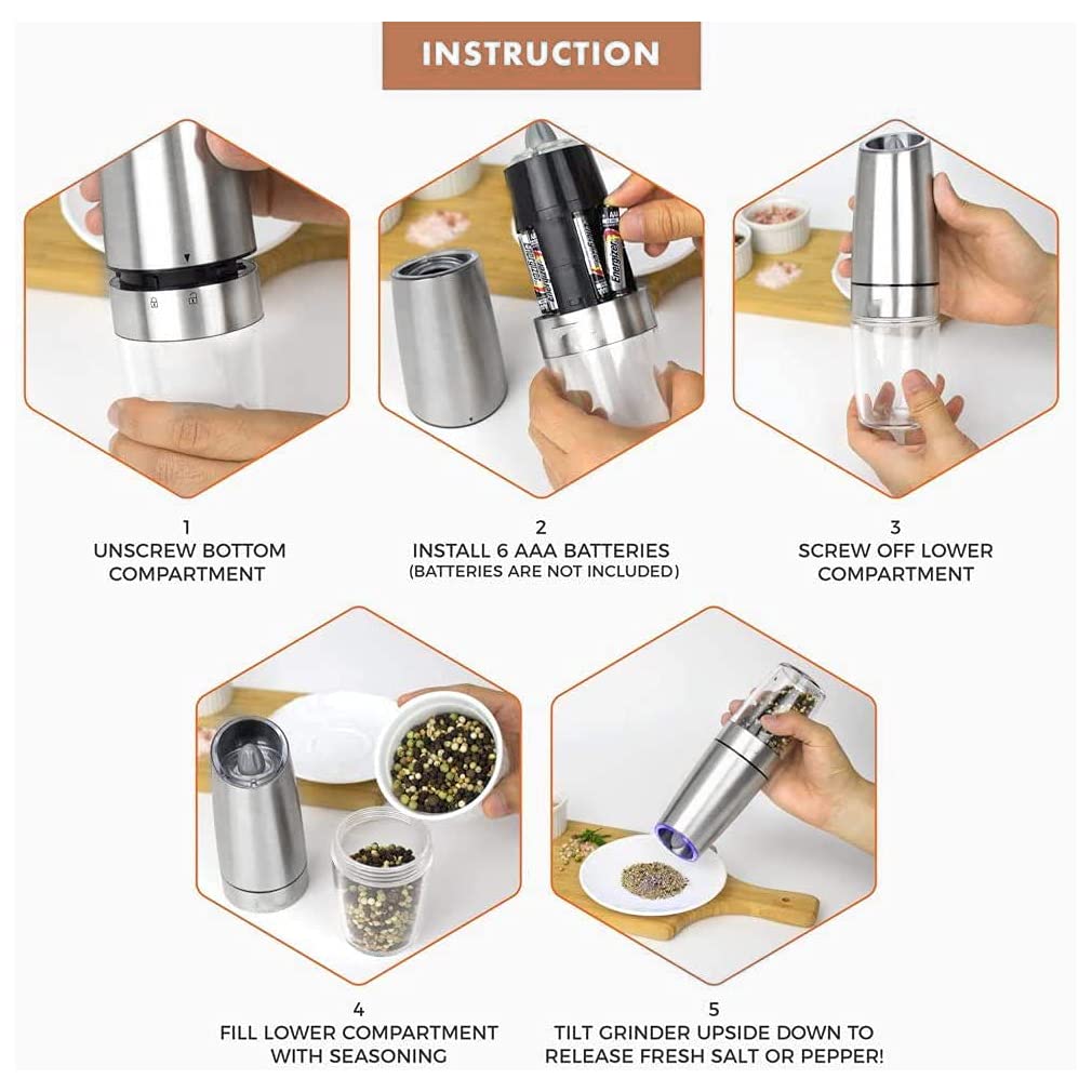 Premium Gravity Electric Salt and Pepper Grinder Set of 2, Automatic One Hand Pepper Mills with LED Light, Automatic Pepper and Salt Mill Grinder Battery-Operated with Adjustable Coarseness