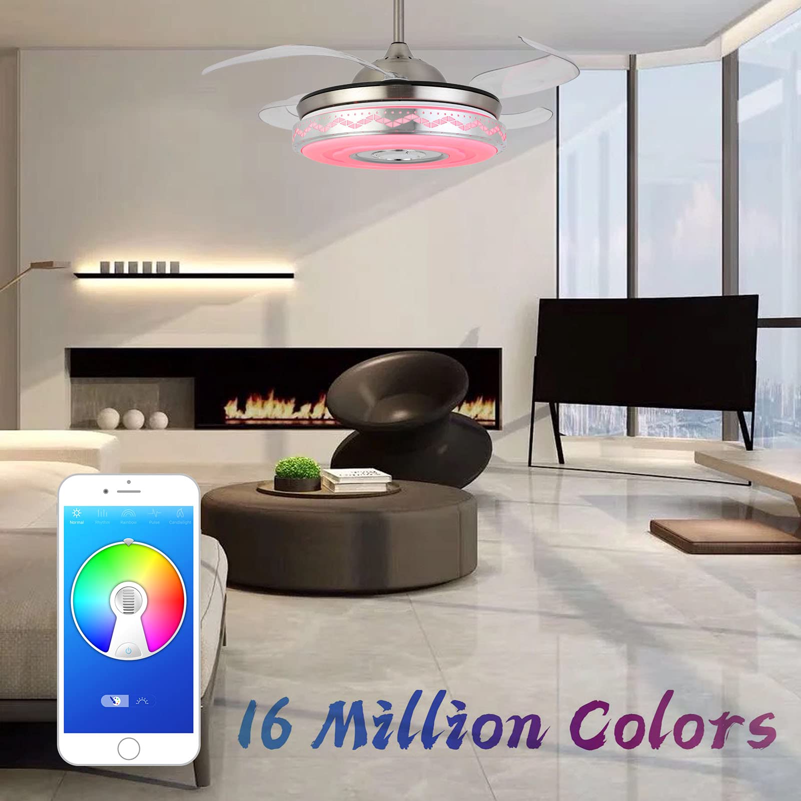 JVUJVCI Retractable Ceiling Fan with Bluetooth Speaker and Light, LED Bluetooth Ceiling Fan Chandelier Speaker with and Remote Control 7 Color Lighting Silver (42 inch)