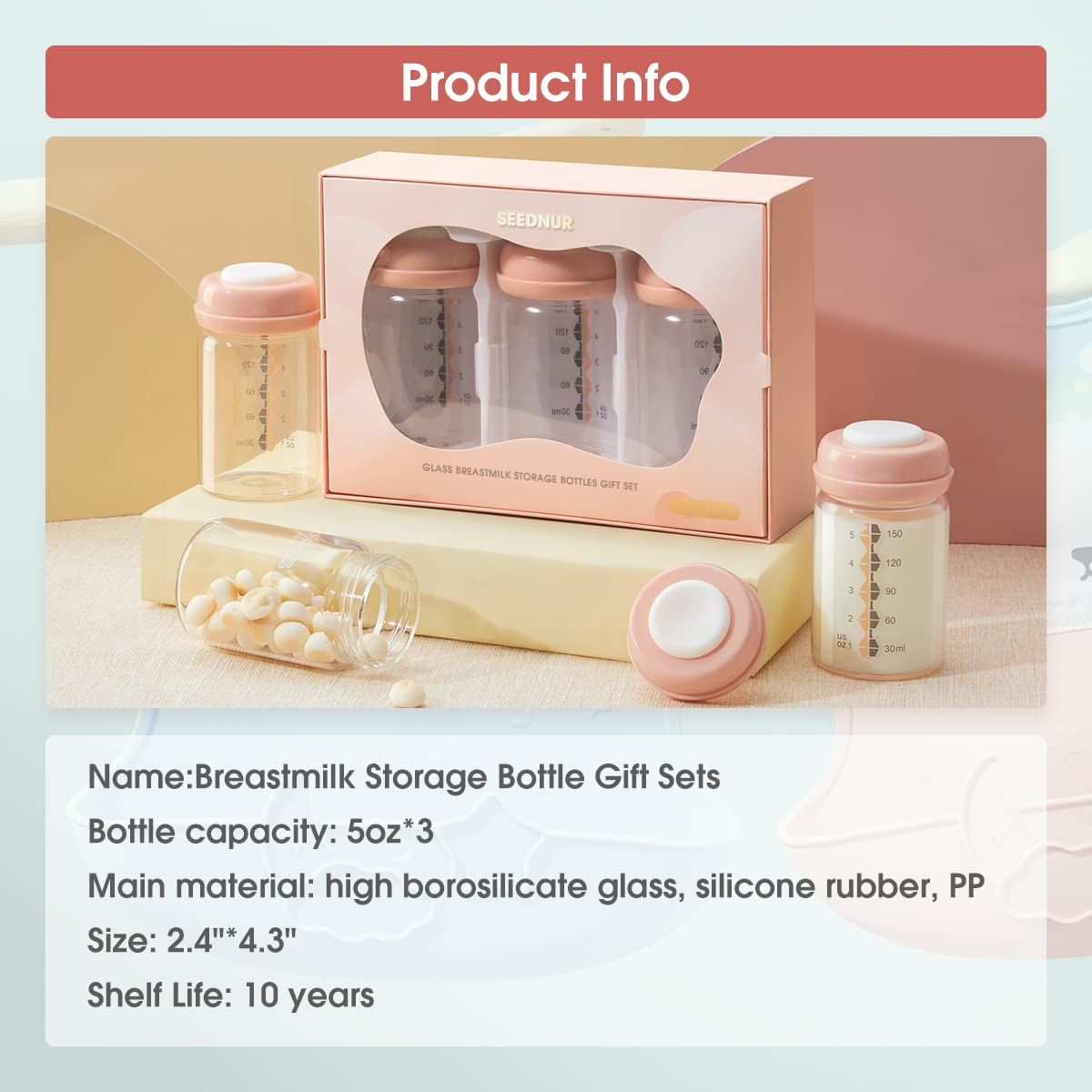 SEEDNUR Breastmilk Bottles 3pc Set with Leak Proof Lids 5oz 150ml Reusable Wide Neck Bottles Best for Breast Milk Collection & Storage Solution BPA Free Fits Most Breast Pumps