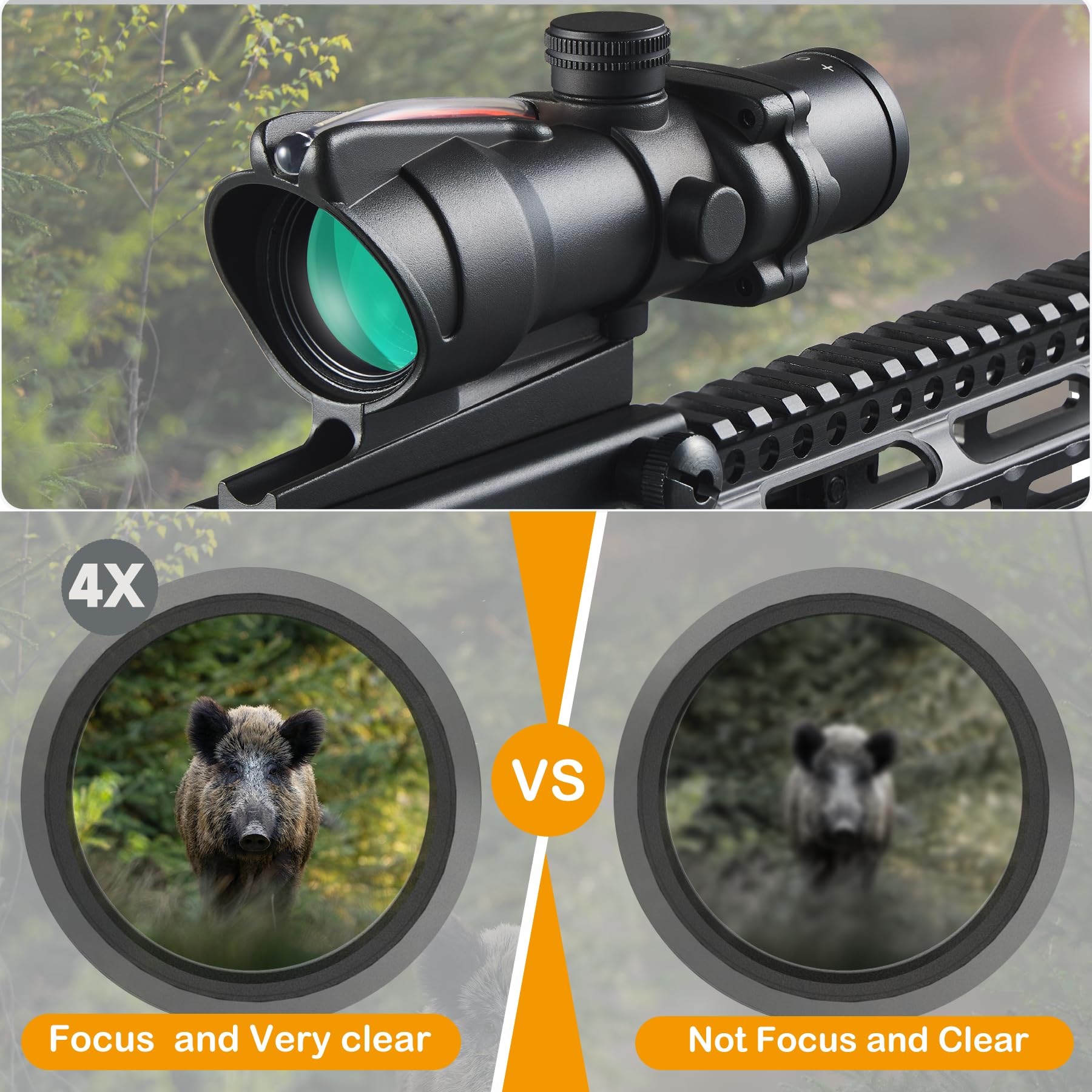 LECPECON 4X Prism Scope Optical Sight Red Fiber Reticle Sights Black