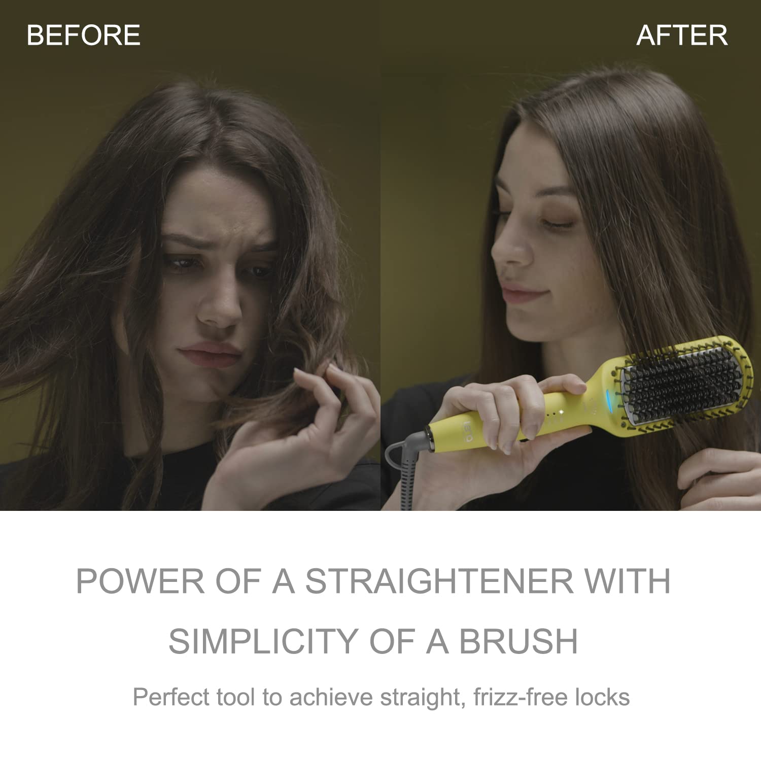 LENA Ionic Straightening Brush - Pro Flat Iron Straightener Comb and Heated Paddle Brush Styler with Extra Ion Care for Ultra Smooth Hair, Anti-Scald,Auto Off, Max 450°F (Yellow)