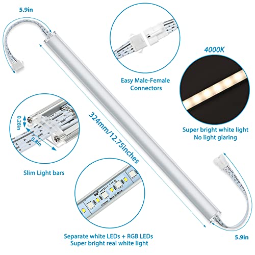 Kitchen Under Cabinet LED Light. RGBW. Color Change & Super Bright Cool White Light. Remote with Dimming. 6 LED Light Bars with Power Adapter, Extension Cable. Plug in. Easy to Install. RGB + 4000K.
