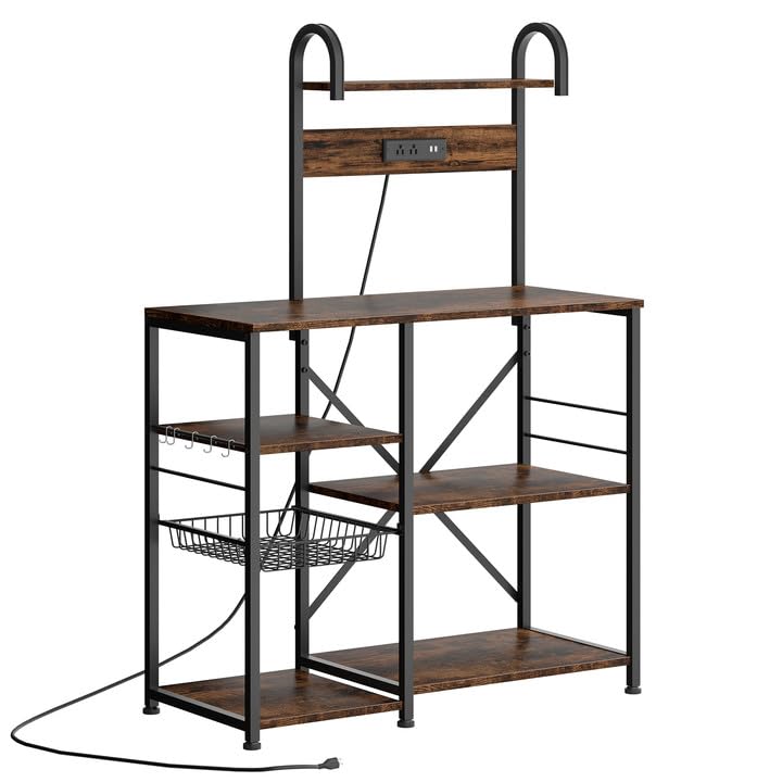 JAMFLY Bakers Rack with Power Outlet, Microwave Stand, kitchen Storage Shelf with 6 Hooks, Coffee Bar Station with Wire Basket, 6 Tier Kitchen Rack for Living Room, Spice, Pots and Pans Organizer