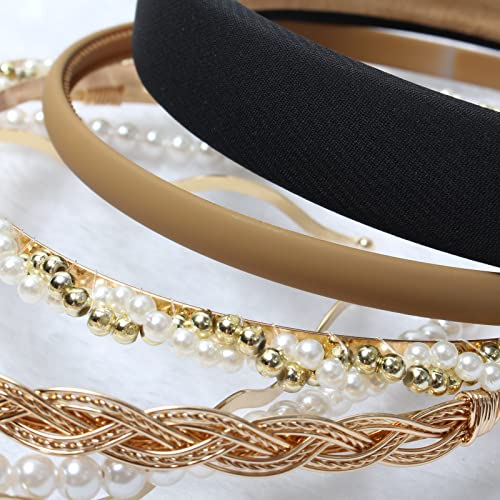 naibirdr 6PCS Different Designs Headbands for Women Gold Metal Hairband,Cute Pearl Headbands for Girls,Twisted Head Band,Black Solid Headbands Set…