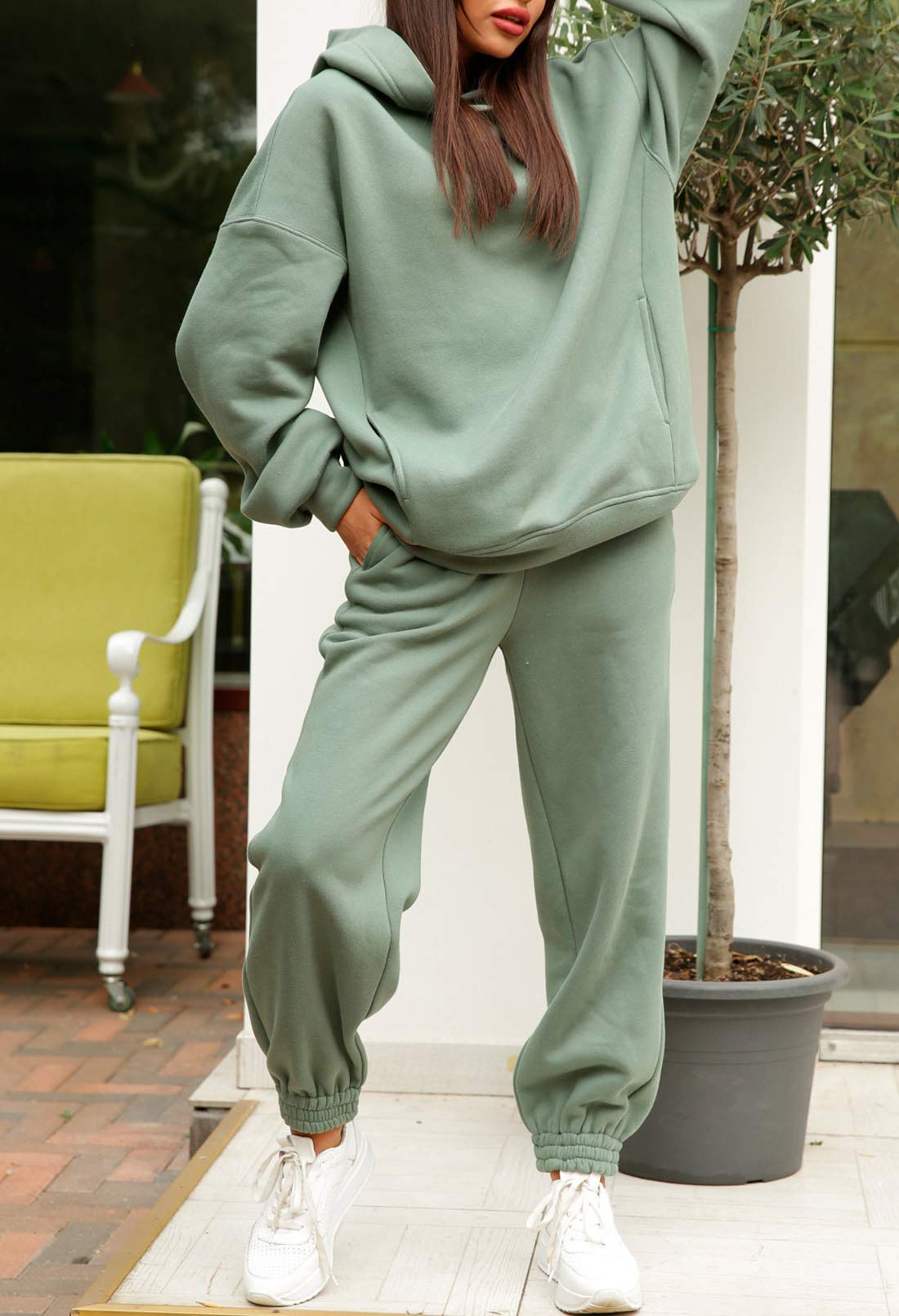 Linsery Sport Hoodie with Jogger Sweatpants Tracksuit Hooded 2 Piece Workout Set Sweatshirt Matching Jogging Suit Green XL