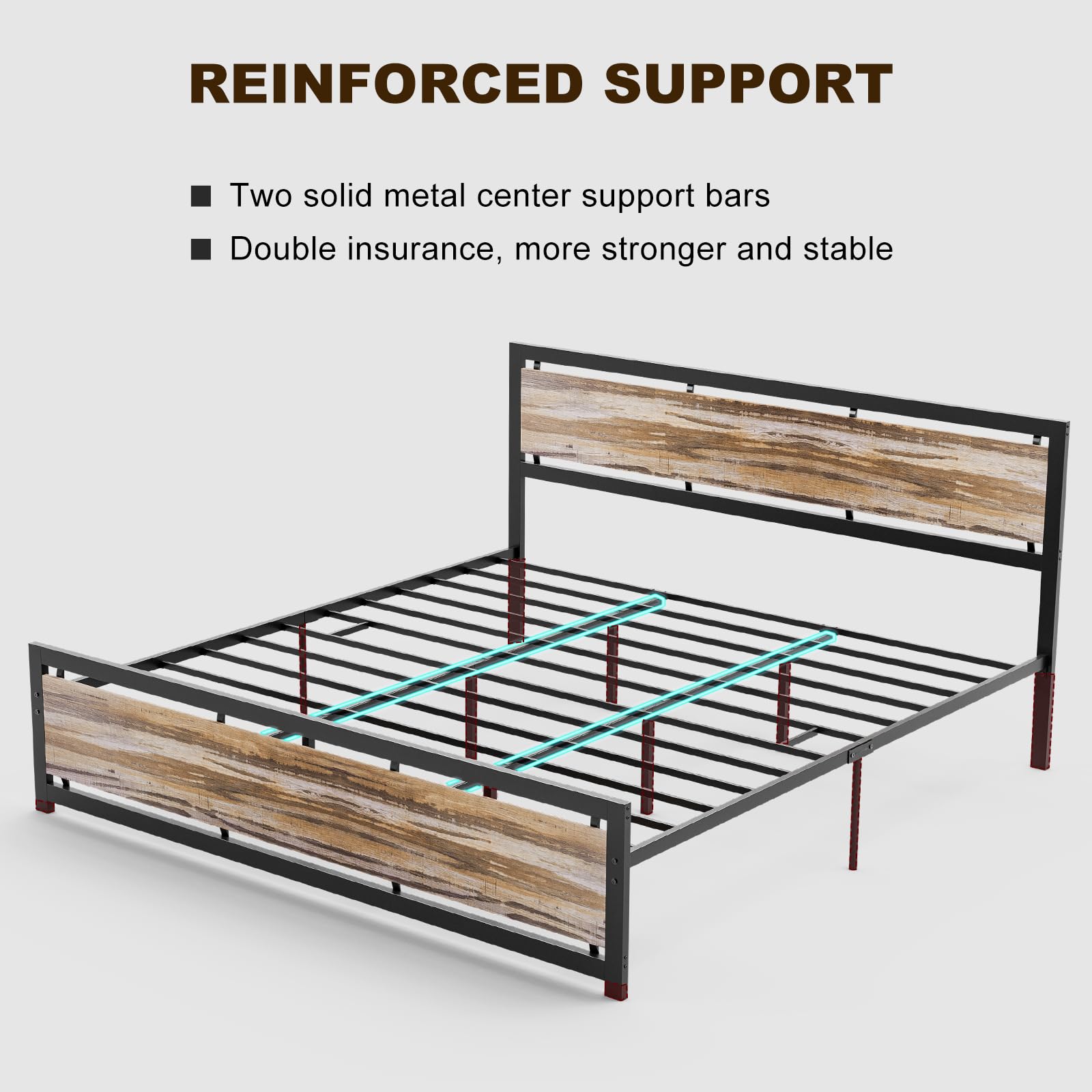 IKIFLY California King Size Metal Bed Frame/Industrial Cal King Platform Bed with Wooden Headboard Footboard/Heavy Duty Steel Slats Support/No Box Spring Needed(Cal King, Light Brown)