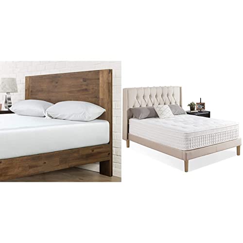 Zinus Tonja Platform Bed, Brown, Full & 13 Inch Euro Top Pocket Spring Hybrid Mattress/Pressure Relief/Pocket Innersprings for Motion Isolation/Bed-in-a-Box, Full,White