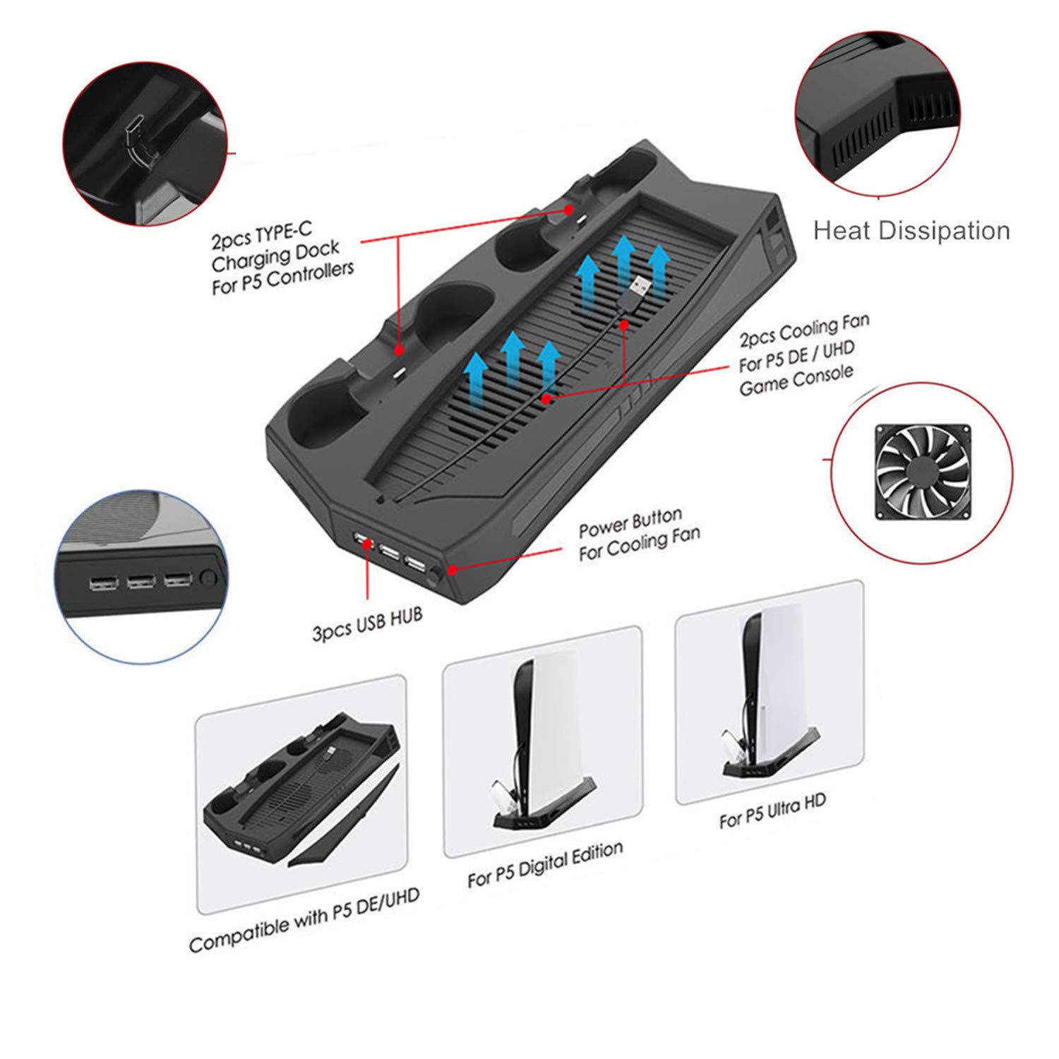 LENBOKEN Cooling Station Charging Dock for Playstation5 Digital Edition P5 UHD Edition