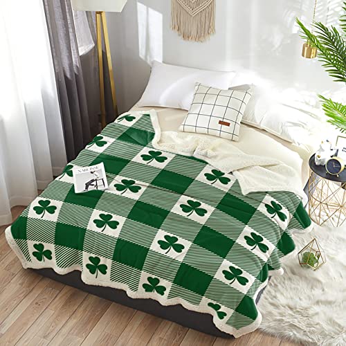 Sherpa Throw Blanket St. Patrick's Day Irish Green Shamrock Clover Super Soft Cozy Warm Luxury Microfiber Blankets Flannel Fleece Plush Quilt Bedspread for Bed Couch Sofa Buffalo Lattice