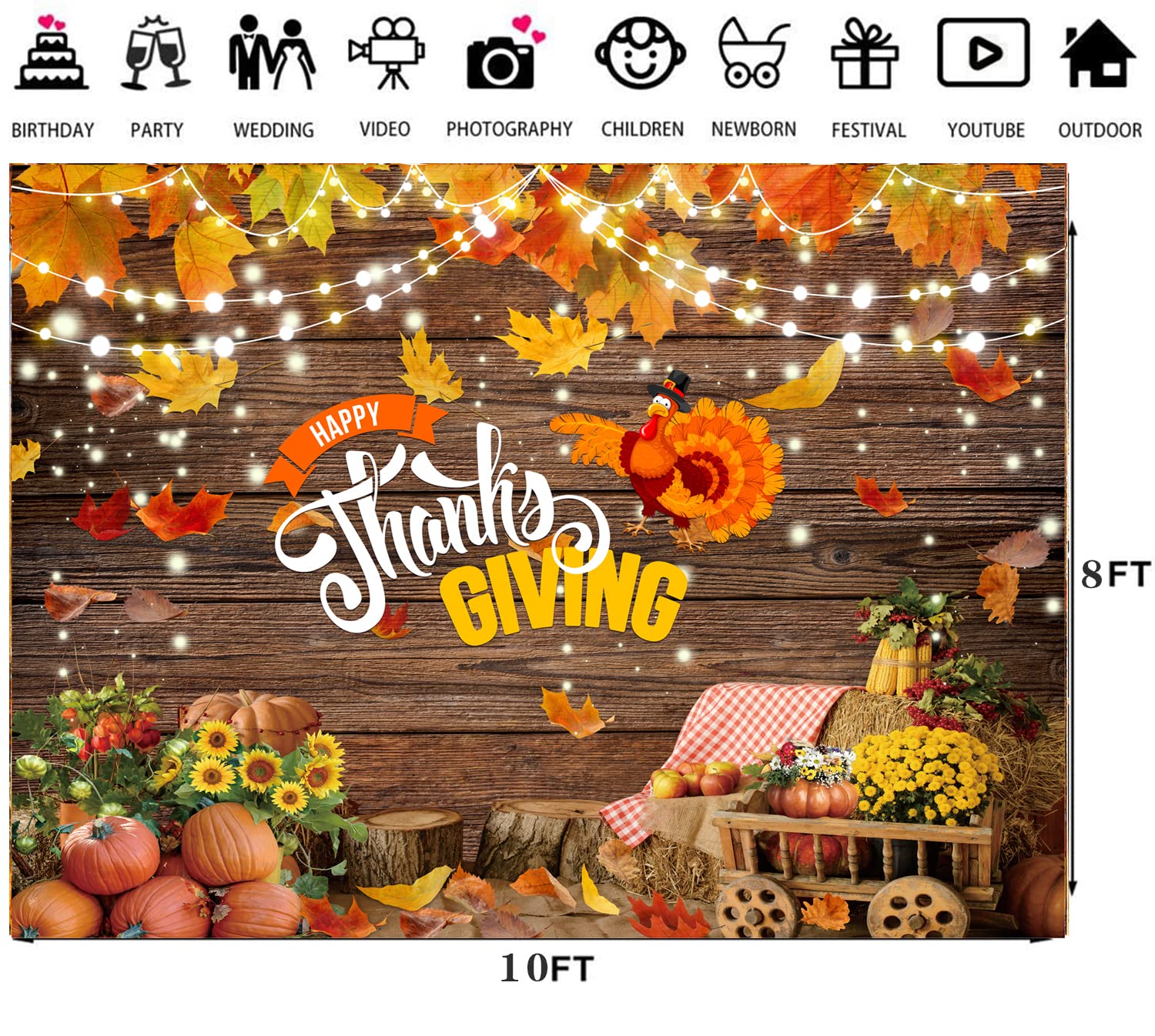 LTLYH 10x8ft Thanksgiving Backdrop Fall Backdorp Thanksgiving Turkey Pumpkin Decoration Backdrop Autumn Banner Party Backdrops 186
