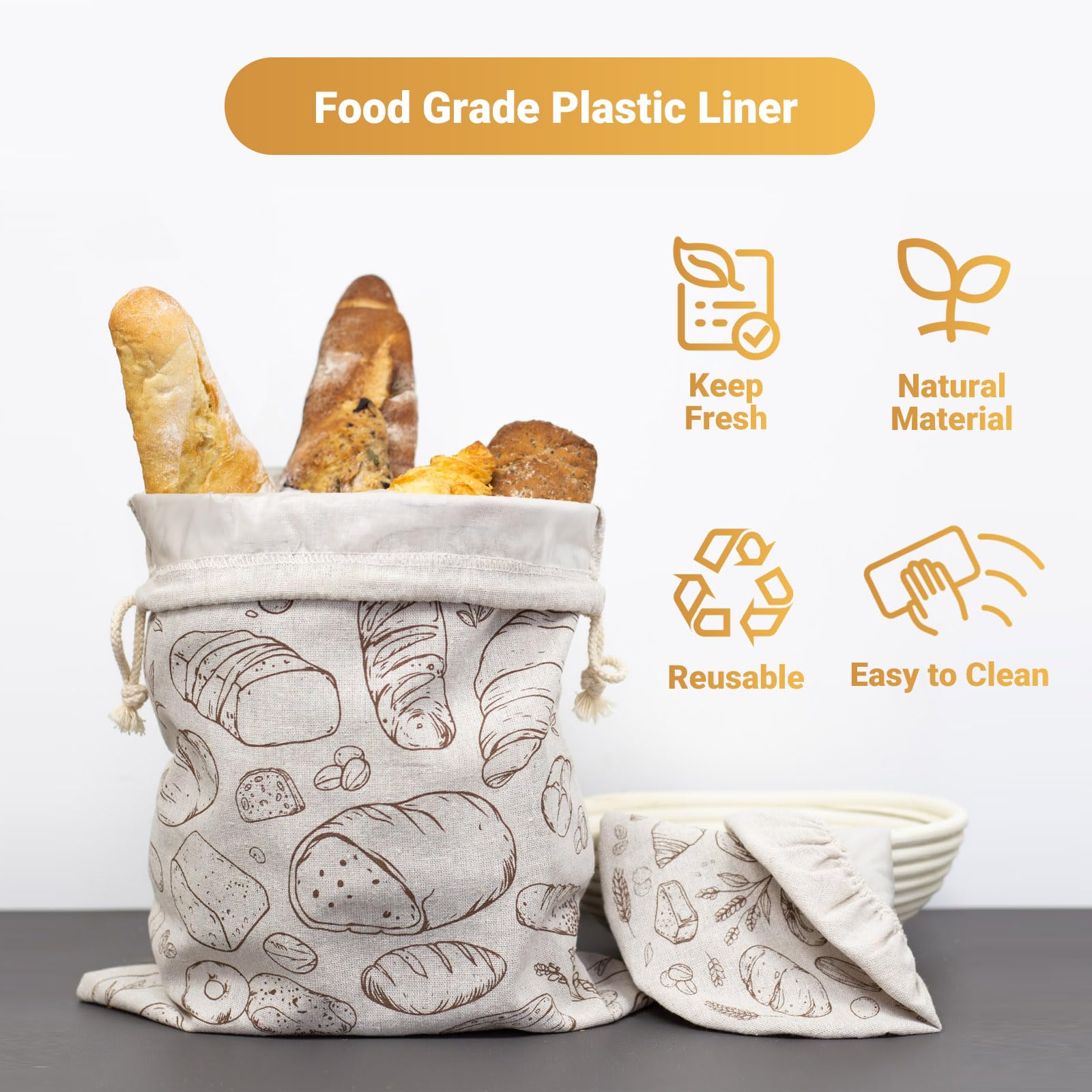 Verigud Bread Bags for Homemade Bread with Bowl Cover, Linen Bread Bag with Inner Lining, Large Sourdough Bread Bags for Homemade Bread Storage, Reusable Bowl Cover with Inner Lining