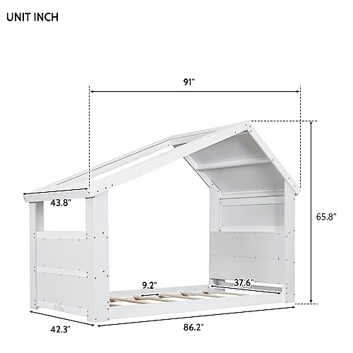 Twin House Bed Kids Floor Bed with Roof and Window, Solid Wood Montessori Bed with LED Light, Low Floor Twin Bed Frame for Kids Girls Boys, No Box Spring Needed (White)