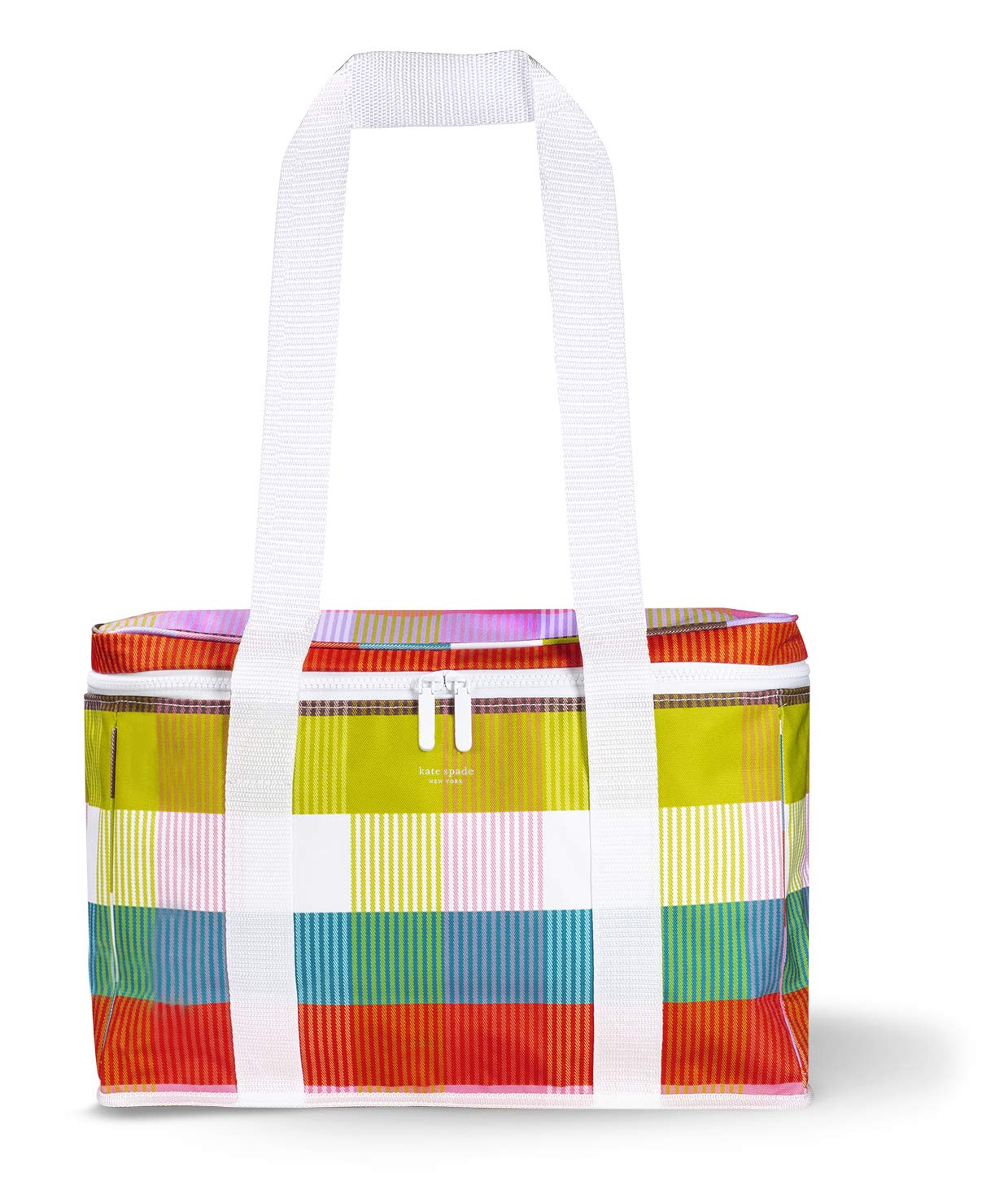 Kate Spade New York Large Capacity Insulated Cooler Bag, Soft Sided Portable Beach Cooler, Insulated Tote for Women, Rainbow Plaid