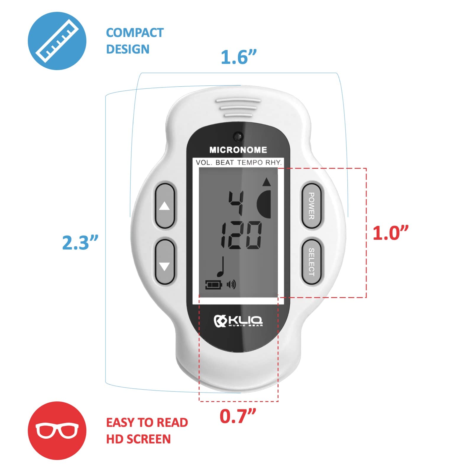 KLIQ MicroNome - Mini Rechargeable Digital Metronome - with Speaker (Digital Volume, Beat and Tempo Adjustment) Designed for use with Piano, Guitar, Saxophone, Flute, Violin, Drum (White)