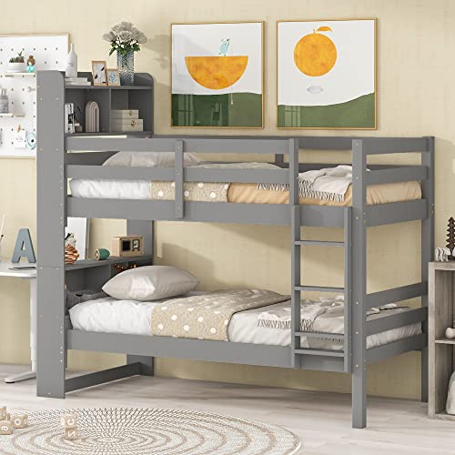 Twin Over Twin Bunk Beds, Wood Bunk Bed with Bookcase Headboard, Solid Wood Bed Frame with Safety Rail and Ladder, Kids/Teens Bedroom, Guest Room Furniture, Can Be converted into 2 Beds, Grey