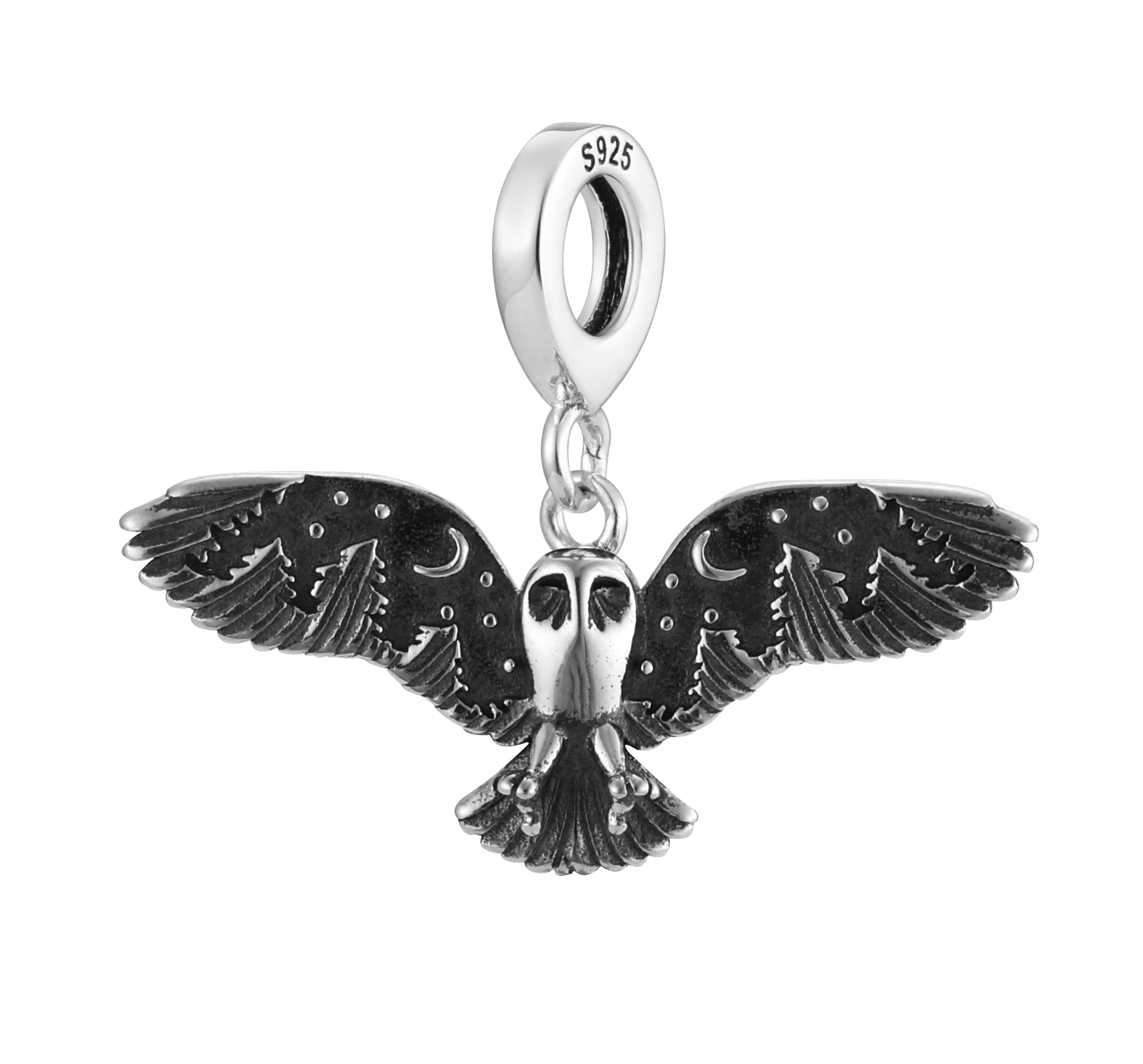 Owl Forest Whisper Witch Mountain Moon Gothic 925 Sterling Silver Charm Bead For Pandora & Similar Charm Bracelets or Necklaces