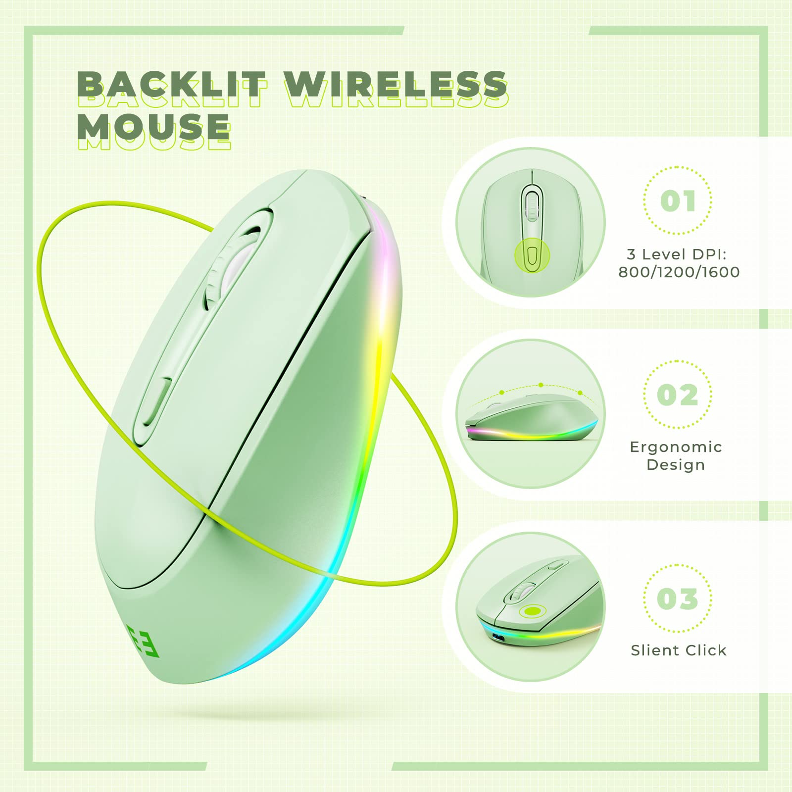 seenda Wireless Keyboard and Mouse Combo Backlit, Rechargeable Full-Size Illuminated Cordless Keyboard and Mouse Set, 2.4G USB Keyboard and Mouse for Computer/Laptops/Windows/Gaming, Mint Green