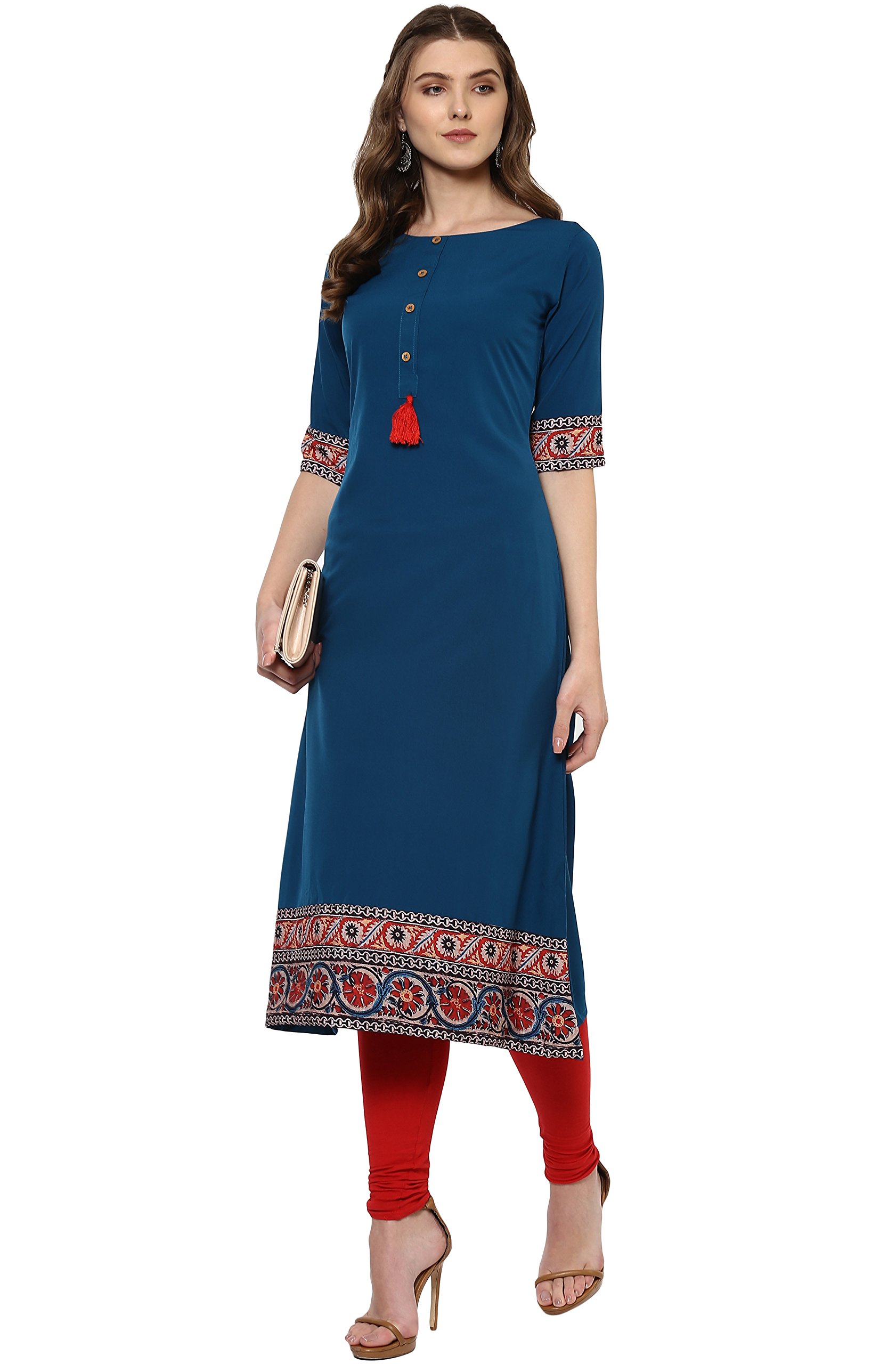 Janasya Indian Women's Tunic Tops Crepe Kurti for Women(JNE2100-KR-144-XXL) Turquoise