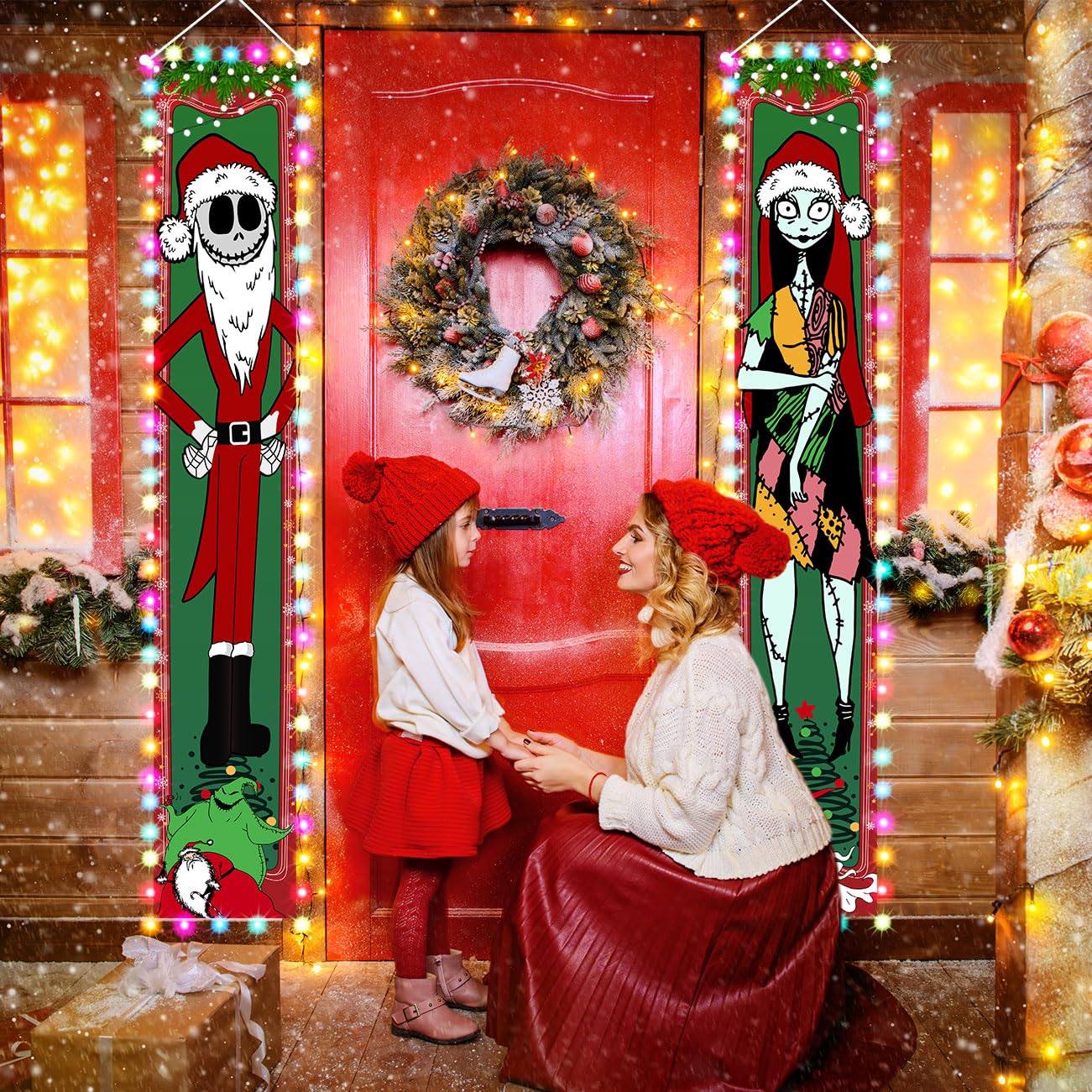 Jack Skellington Sally Christmas Porch Signs with 2 Light Strings Welcome Door Sign for Home Outdoor Indoor Holiday Party Decor
