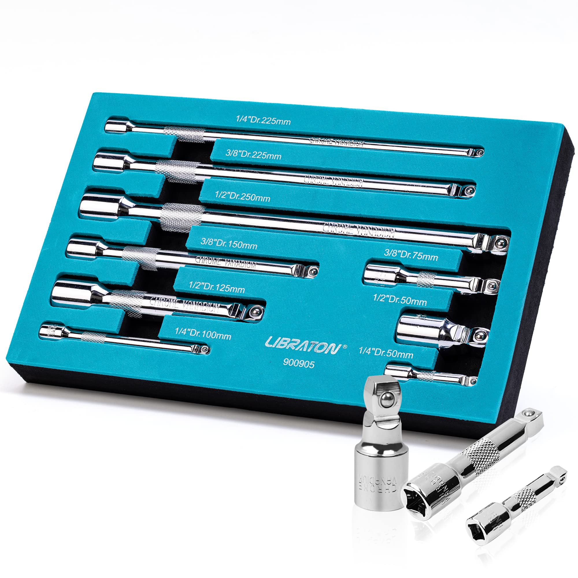 Libraton Wobble Extension Set 1/4'' 3/8'' 1/2'', Wobble Socket Extension, Extension Set, Wobble Socket Extension Set, Drive Socket Extension Bars 9PCs (Cr-V) with Chrome Plated in EVA Storage Tray