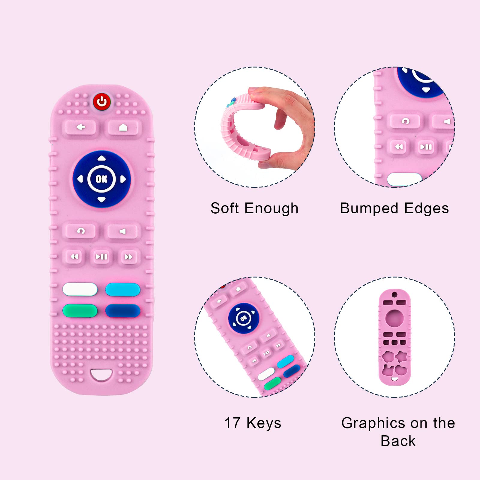 Silicone Baby Teething Toy Remote Control Shaped Baby Teether with a Cute Pacifier Clip Chain Soft Baby Chew Toys Early Sensory Education Molar Toy for Babies 3-18 Months (Pink)