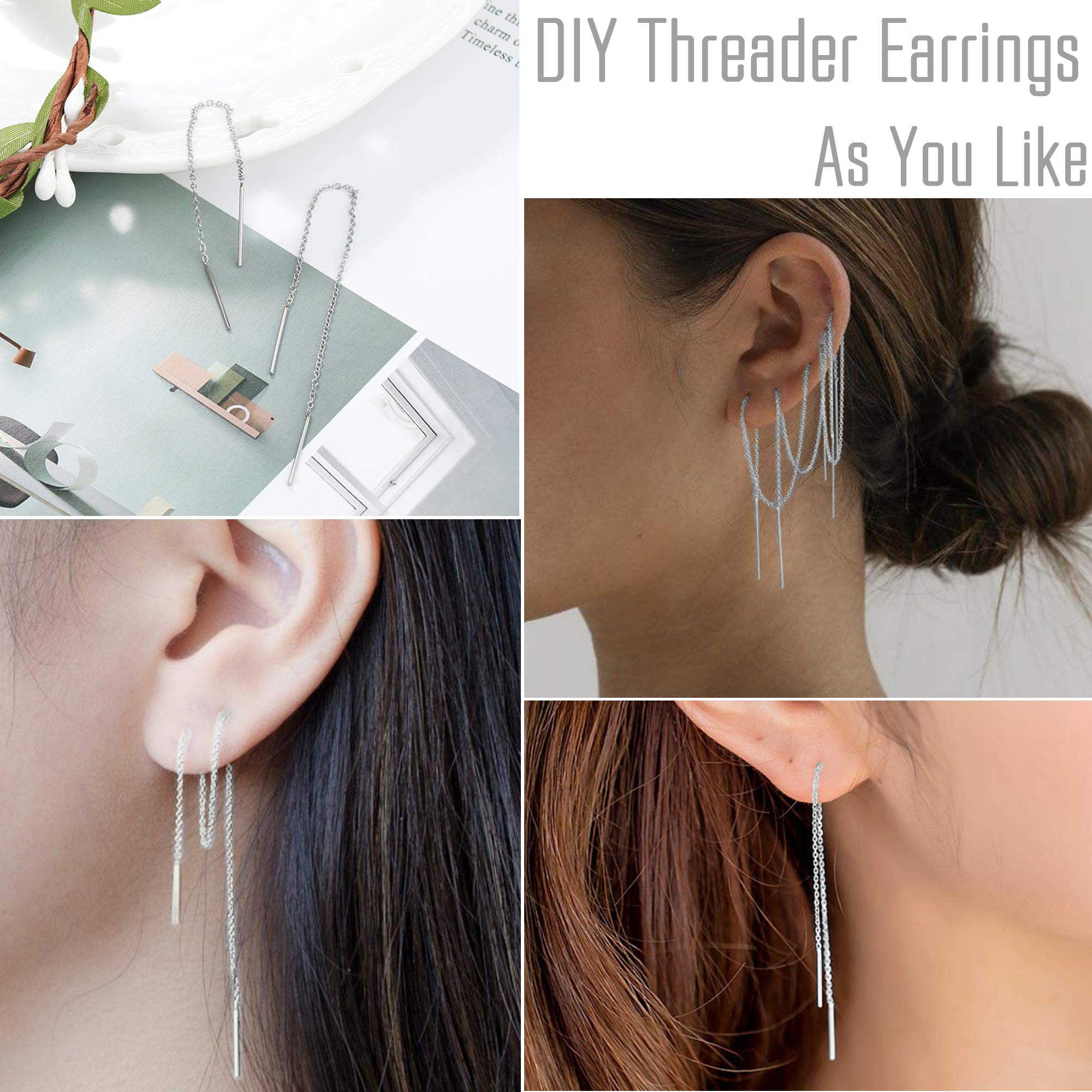 Jstyle 8Pairs Stainless Steel Curved Threader Earrings for Women Drop Dangle Tassel Chain Earrings Set Lightweight Silver Tone