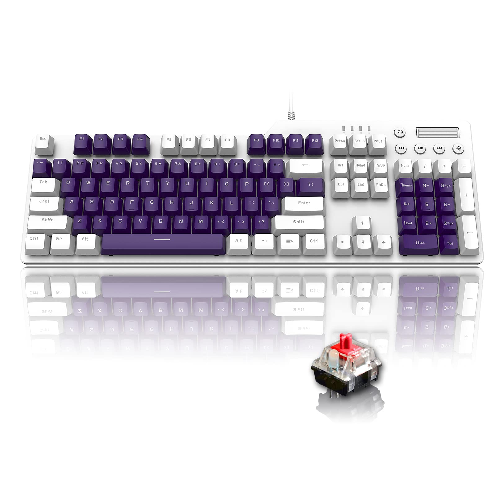 Mechanical Gaming Keyboard Hot Swappable with Multi Monochromatic Backlight 104 Key Anti-ghosting Ergonomic Metal Plate Multimedia Key USB Wired for PC Mac Gamer Office Typist(White Purple/Red Switch)