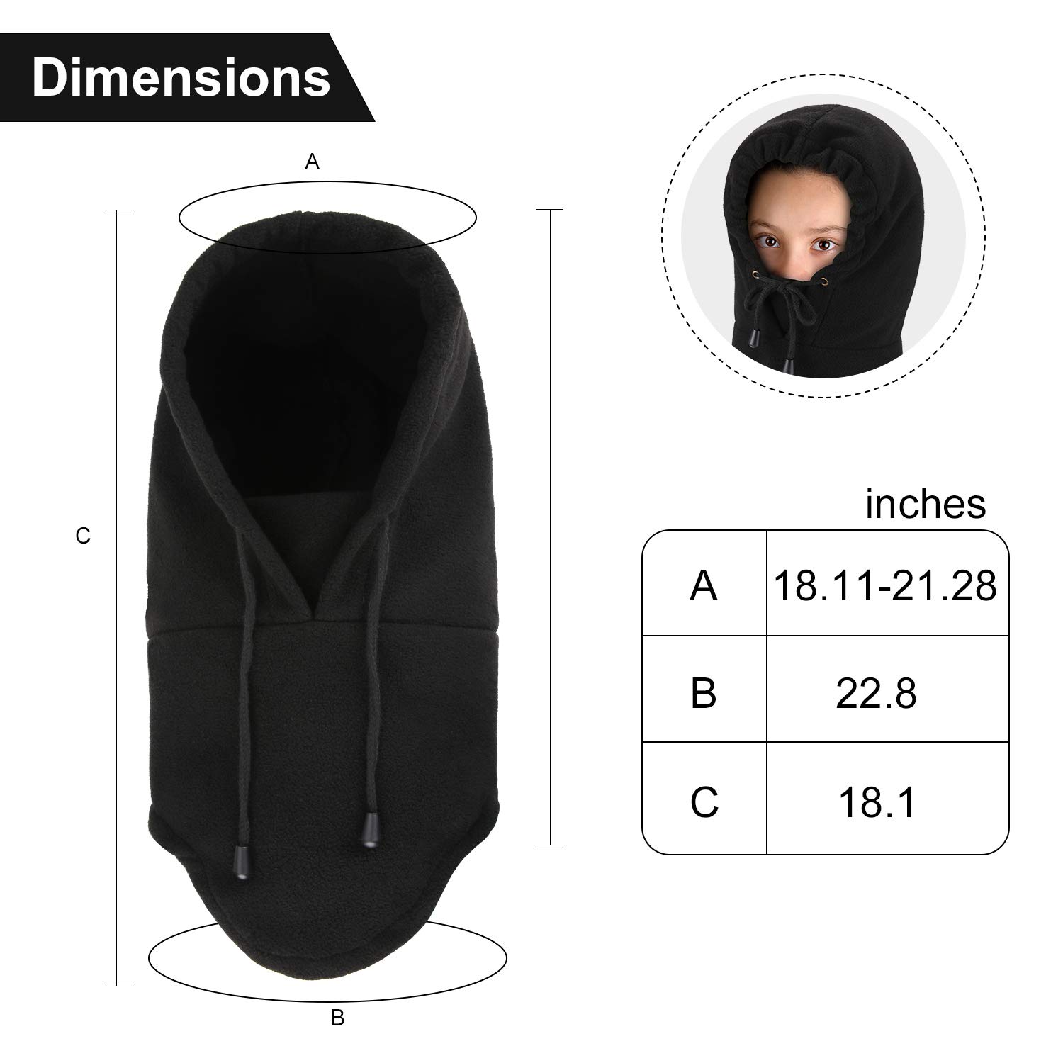Joyoldelf Heavyweight Balaclava Face Mask for Kids, Adjustable Windproof & Warm Ski Mask for Skiing, Cycling, Hiking, Camping (Black)