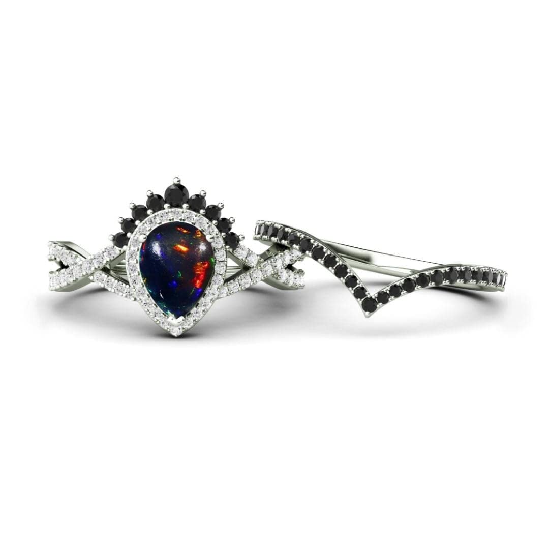 Natural Ethiopian Opal Ring, Pear Black Opal Ring, Sterling Silver Fire Opal Ring, Dark Opal Ring Set, Women Black Opal Halo Engagement Ring (Rose Gold, 7)