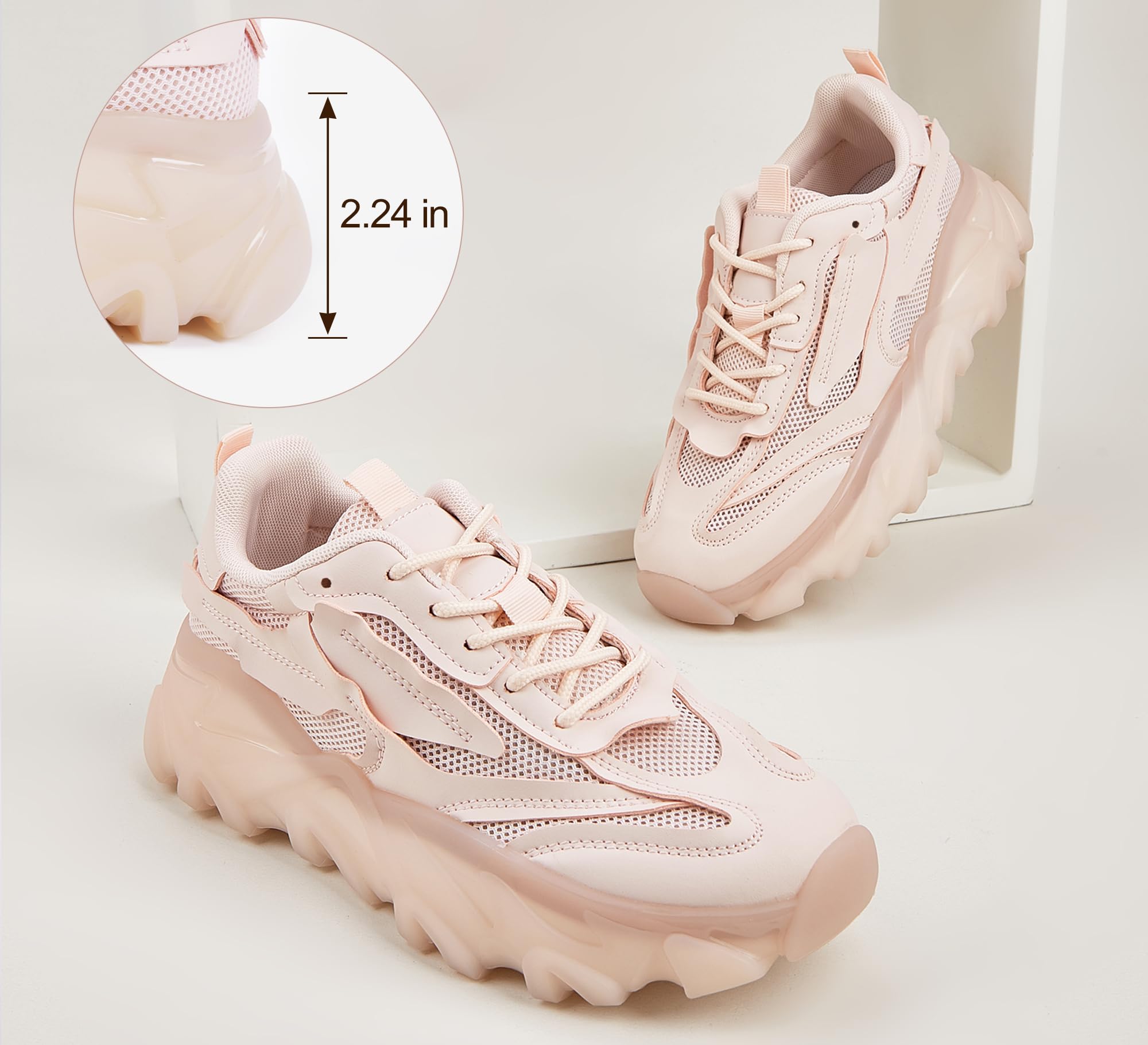 LUCKY STEP Women‘s Chunky Fashion Sneakers Platform Dad Cusual Classic Mesh Walking Shoes Comfortable Lace up Travel Sneakers(Pink,9B(M) US)