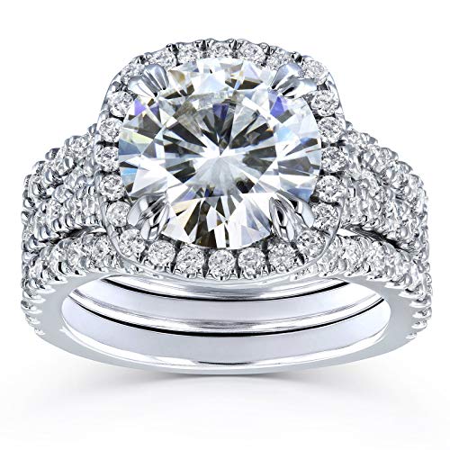 Kobelli Round G-H Moissanite Cushion Halo Bridal Wedding Set 4 1/3 CTW 14k White Gold 3 Piece Set, 9