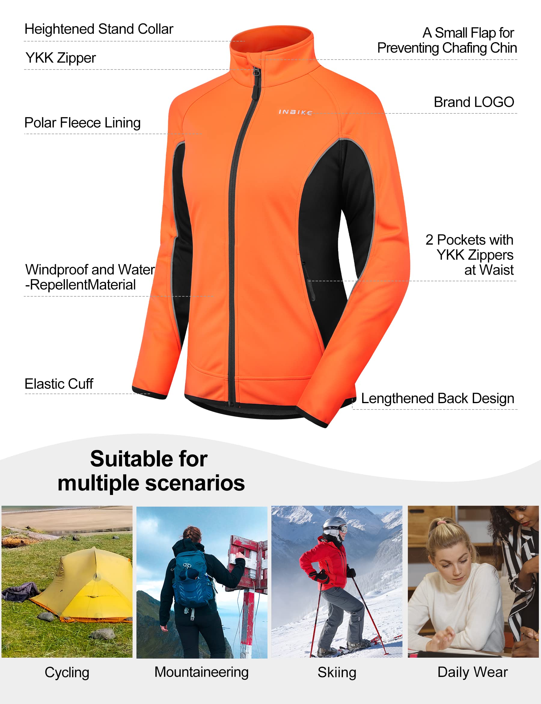 INBIKE Women's Cycling Jacket Biking Running Windbreaker Thermal Fleece Lined Reflective Coat for Cold Weather Winter Orange Medium