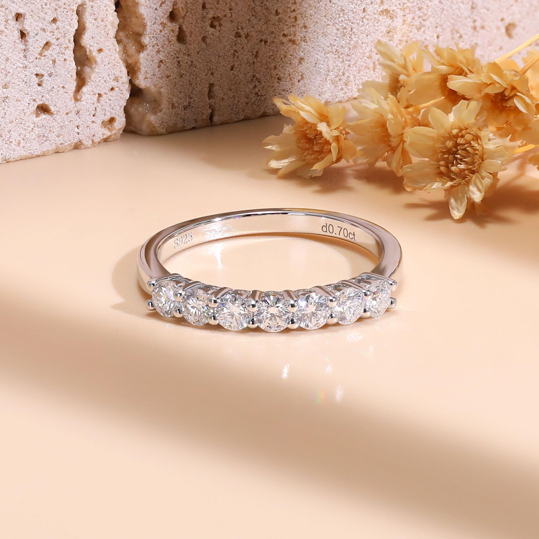 Ladylike Moissanite Wedding Band 18K White Gold Plated 925 Sterling Silver Wedding Rings 0.7ct D Color VVS1 Lab Created Diamond Half Eternity Wedding Band Stackable Ring for Women (8)