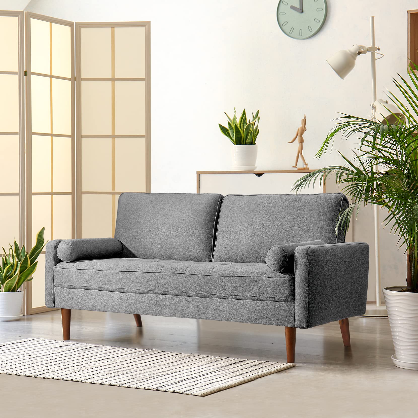 koorlian Sofa Couch, 2 Seater Fabric Loveseat, Mid Century Modern Couches for Living Room, Button Tufted Seat Cushion, Square Armrest, 2 Throw Pillows, Fit for Small Spaces, Dorm, Apart, Grey