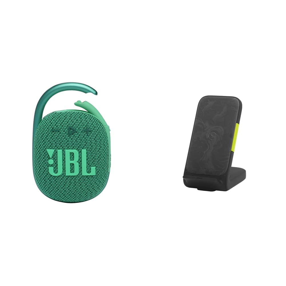 JBL Clip 4 Eco - Ultra-Portable Waterproof Speaker (Green) and InfinityLab InstantStation Wireless Stand 33W PD USB-C and USB-A Compact Fast Charging Wireless Charger (Black)