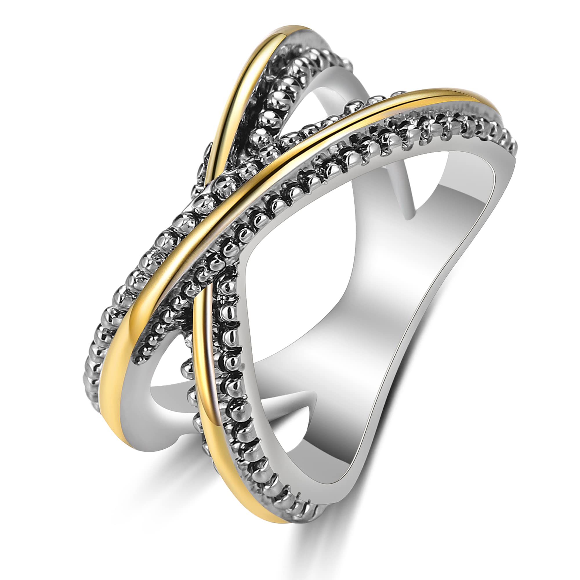 Mytys Gold and Silver Statement Rings for Women Wire Intertwined Design 14K Gold Plated Silver Band Ring Wide Index Finger Rings Costume Jewelry (cross gold & silver, 7)