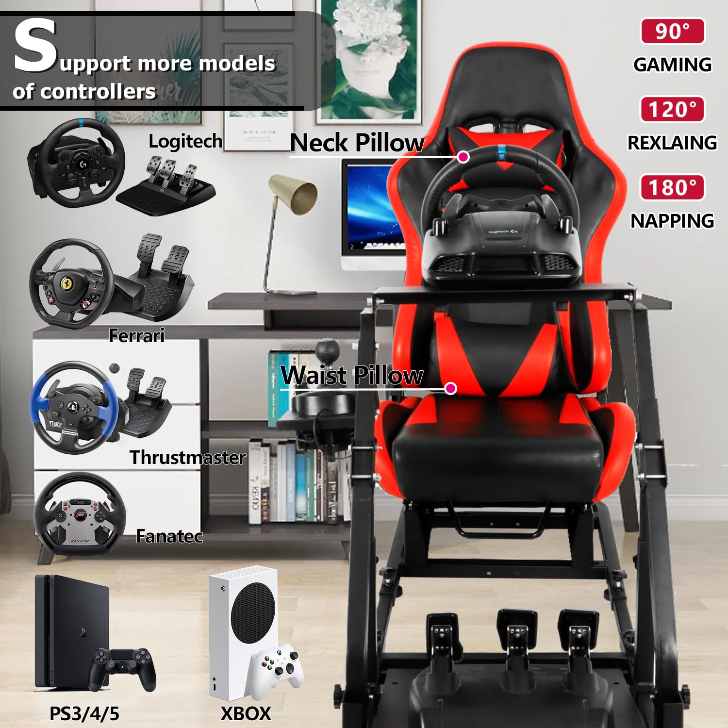 Minneer Simulator Driving Cockpit with Real Racing Chair Compatible with Logitech G25/G27/G29/G920/G923 Adjustable Racing Wheel Stand Frame Gaming Steering Stand,Wheel and Pedals Not Include-Red