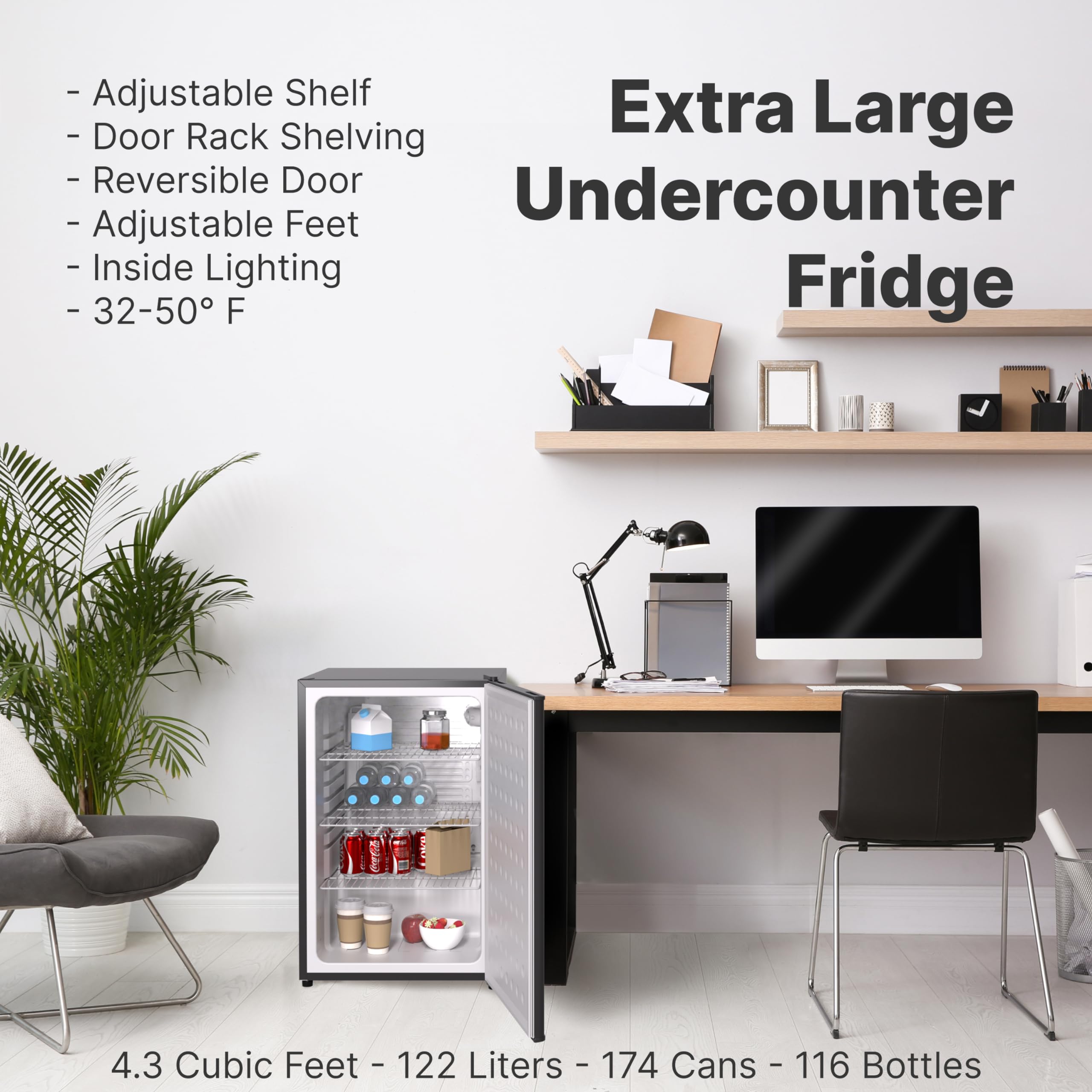 Husky Premium Undercounter/Freestanding Beverage Cooler & Mini Fridge 4.3 Cu.ft./122L with Reversible Solid Doors, Compact Refrigerator for Home, Restaurants, Commercial, RV Energy Star