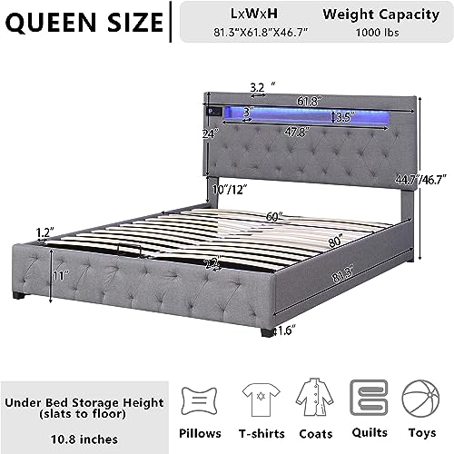 Ucloveria Queen Bed Frame with Bluetooth Audio & Charging Station & LED Lights, Upholstered Platform Bed with Button Tufted Adjustable Headboard, Hydraulic Storage, No Box Spring Needed, Gray