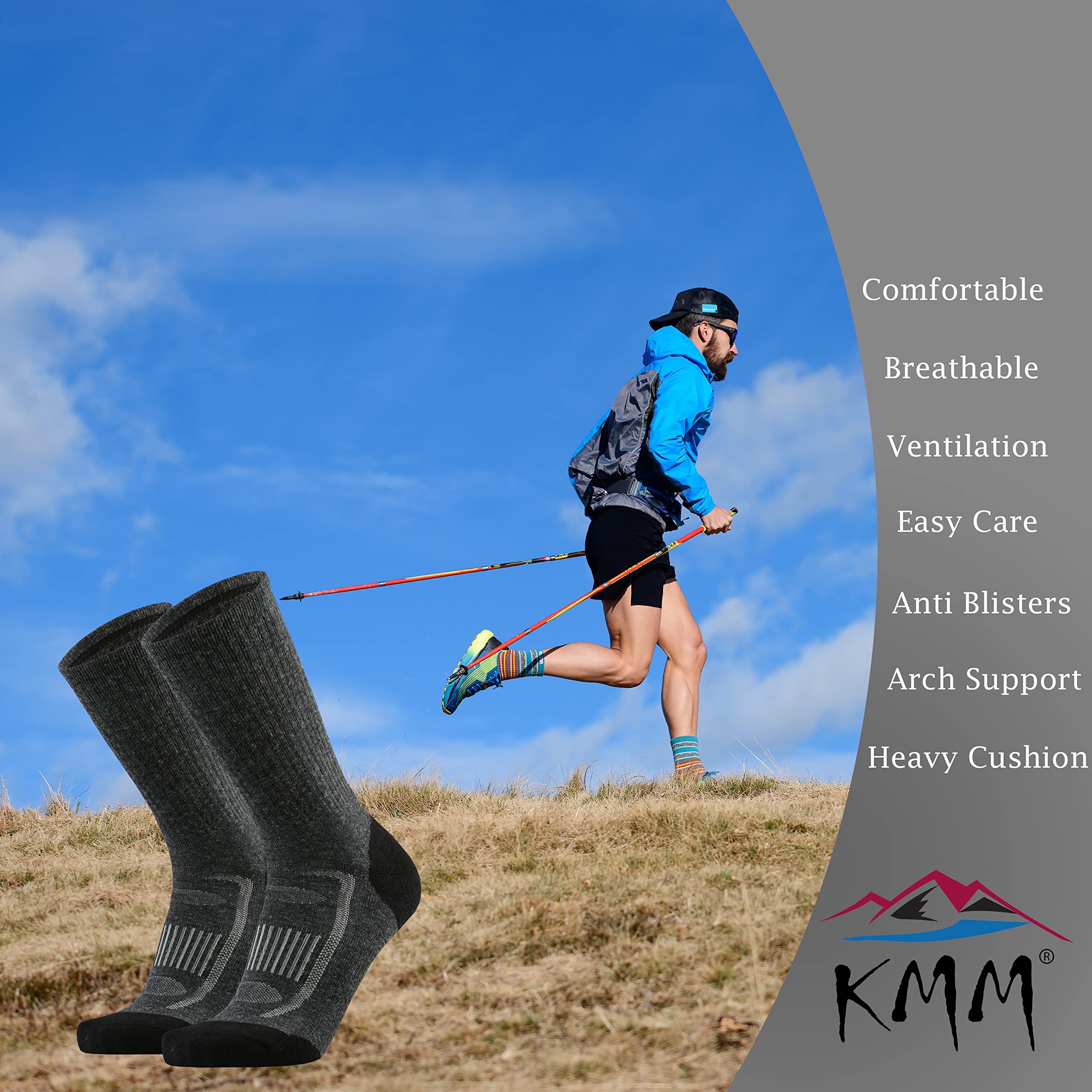KMM Men's Merino Wool Cushion Crew Socks Moisture Wicking Control Medium Weight Warm for Outdoor Hiking Hike Trail Cycling(DarkGray XL)